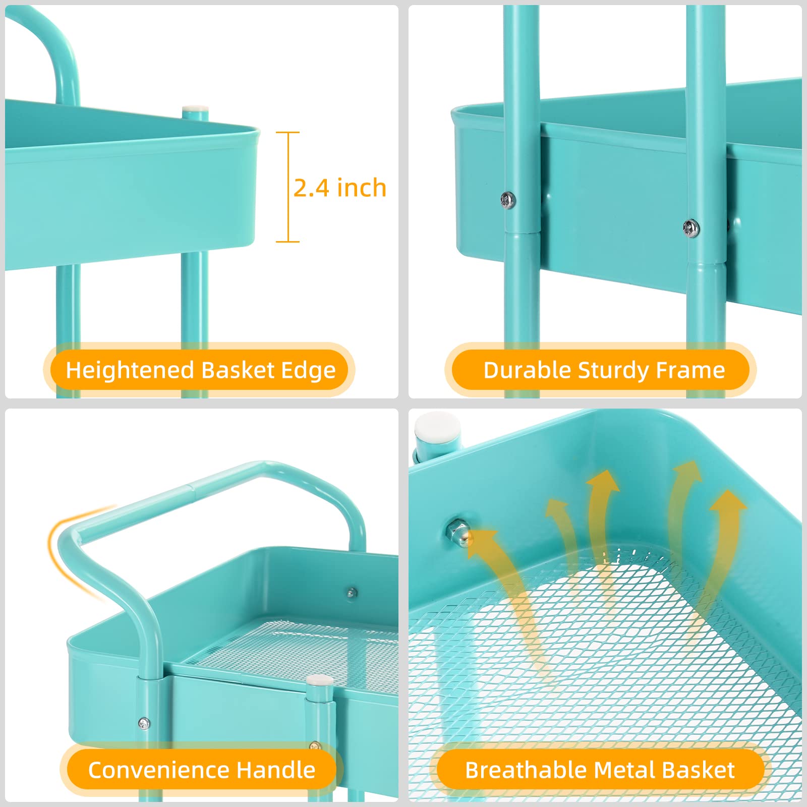 TOOLF 3 Tier Metal Rolling Cart, Utility Cart with Handle, Multifunction Storage Cart with Lockable Wheels, Serving Organizer Trolley with Mesh Basket for Kitchen, Bathroom, Office Turquoise