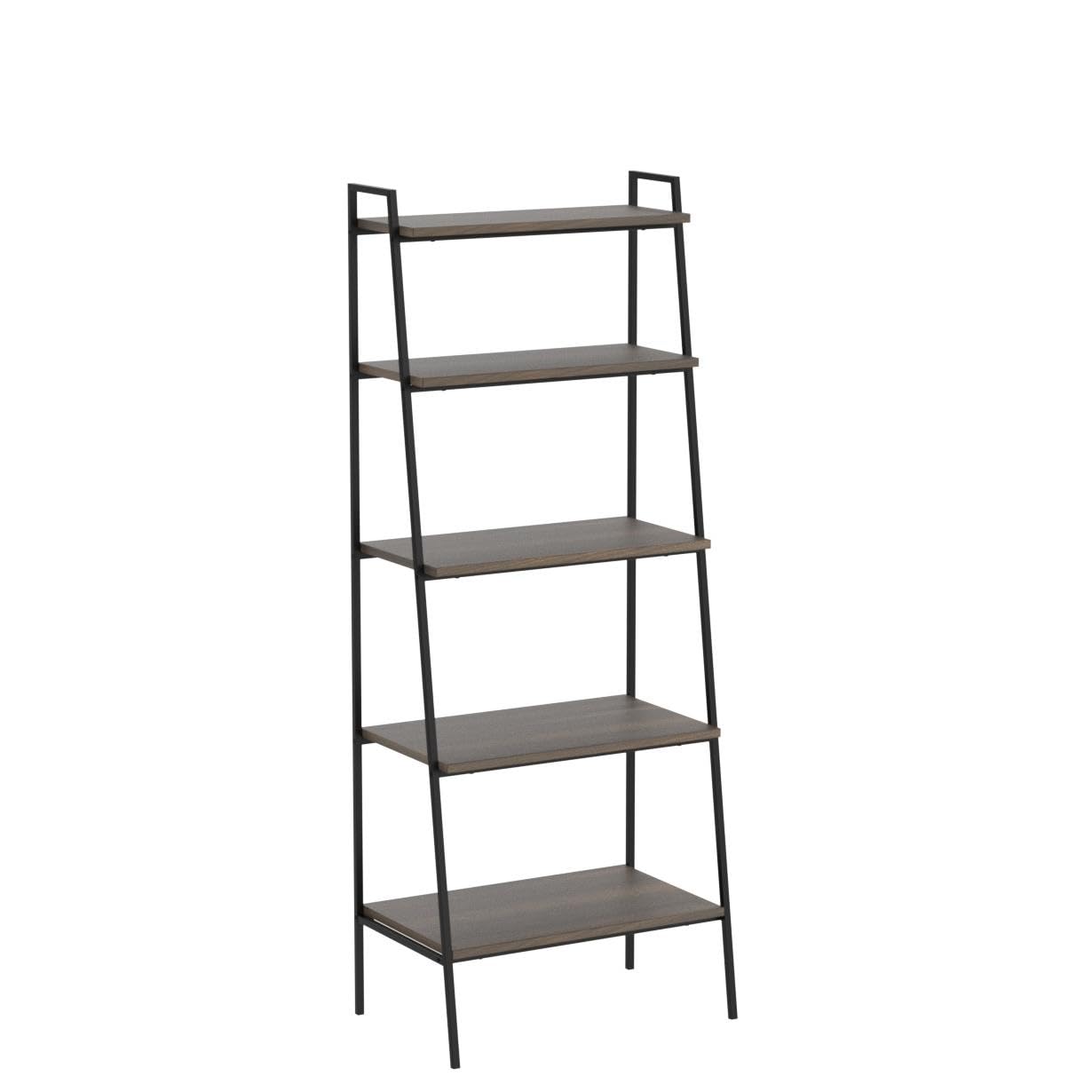 Walker Edison Industrial Metal and Wood Ladder Bookcase Tall Bookshelf Storage Home Office Storage Cabinet, 72 Inch, Dark Walnut