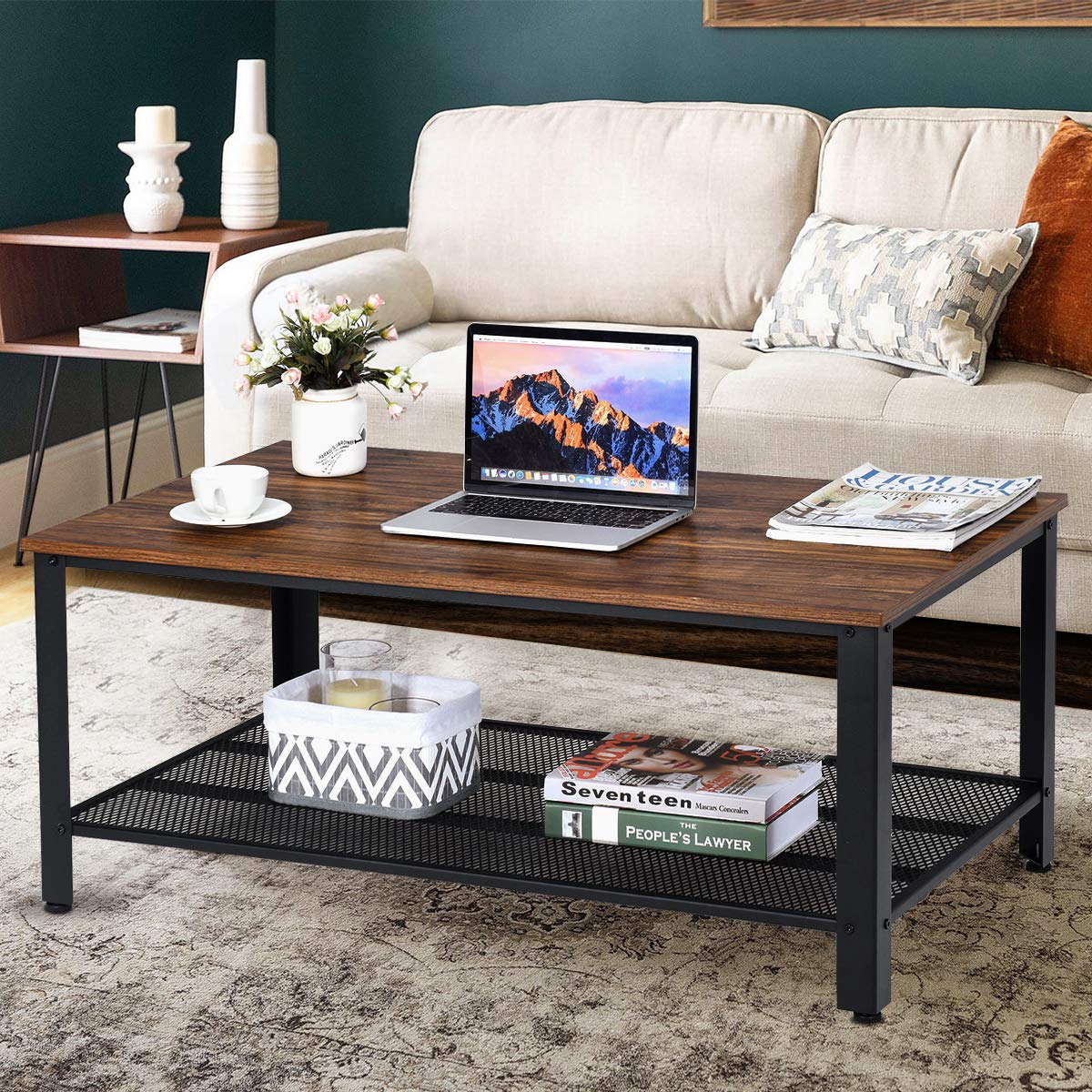 Toolsempire Rustic Coffee Table with Storage Shelf,42" Rectangle Sofa Tea Table for Living Room,Industrial Style Furniture with Strong Metal Frame for Home Office,Brown