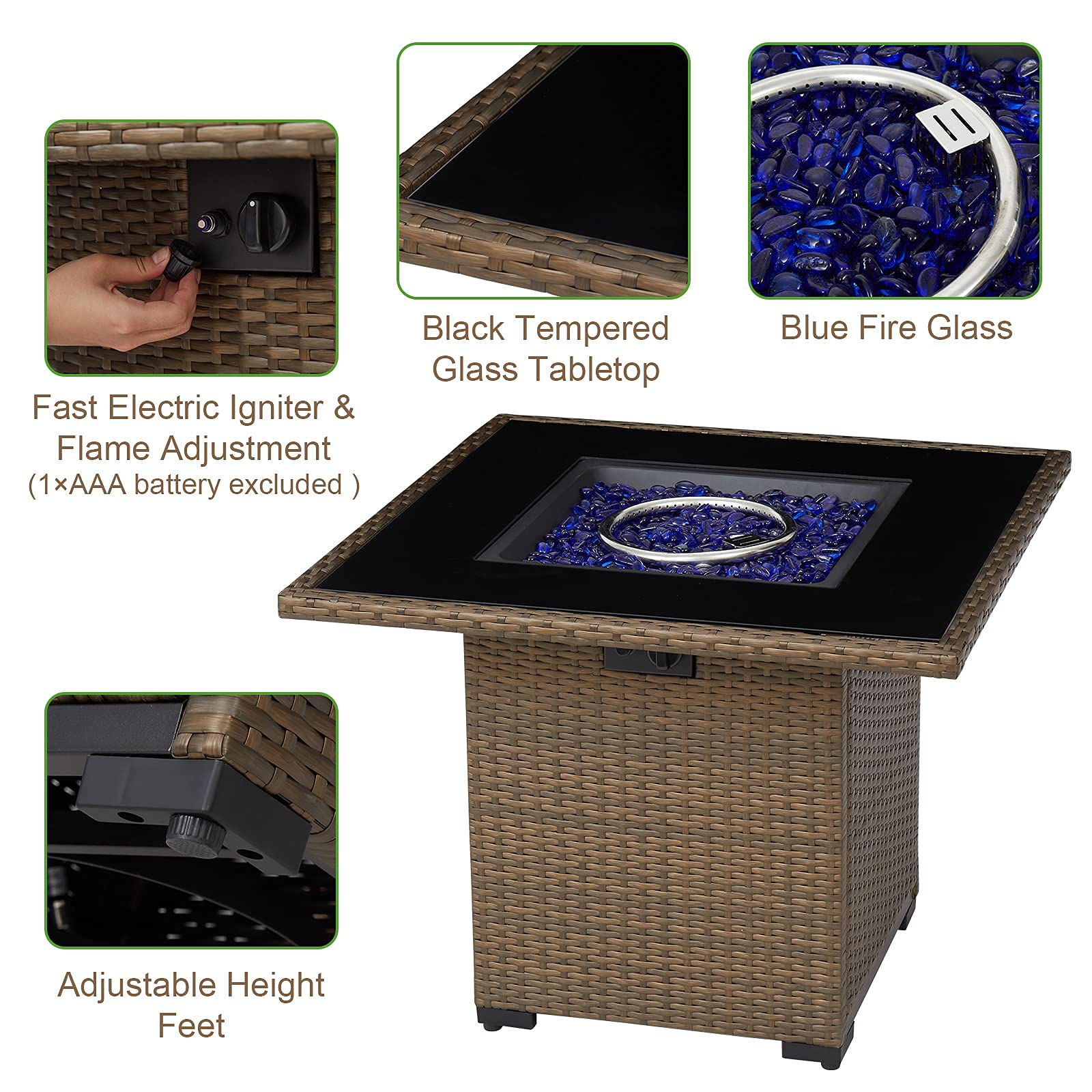 Square Gas Fire Pit Table, 2-in-1 Outdoor Propane Fire Table, 32 inch Firepit Table with Blue Stone Glass Wind Guard, Black Tempered Glass Tabletop, 50,000 BTU, Brown