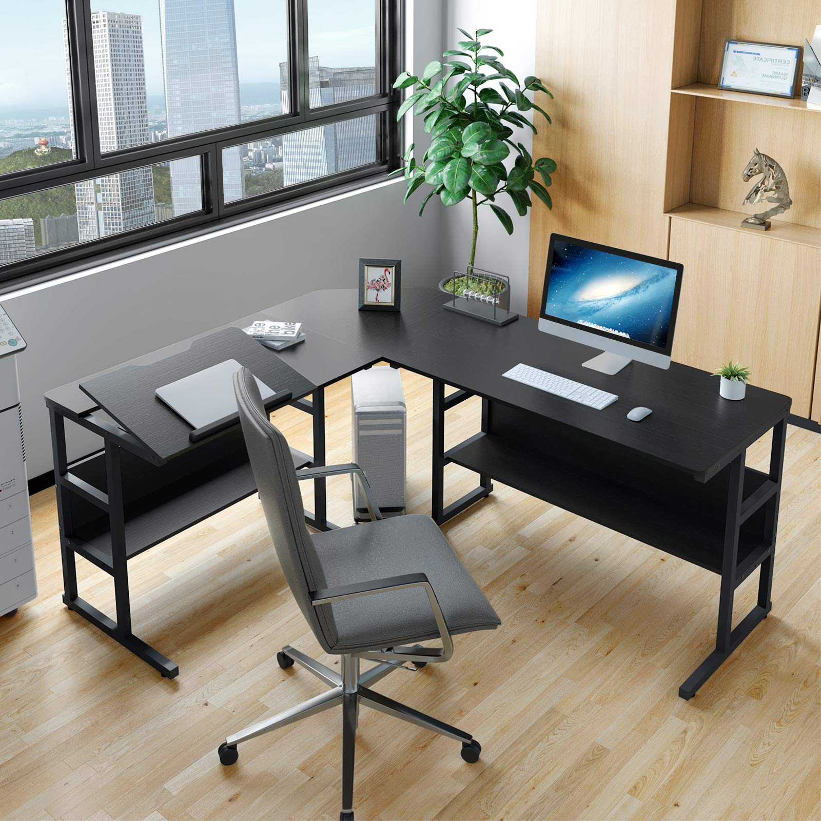 YITAHOME Tiltable L-Shaped Computer Desk with Storage Bookshelf, 67 inch Double Workstation Modern Corner Studying Desk Drafting Drawing Gaming Table for Office Home, Black, FTOFOD-0007