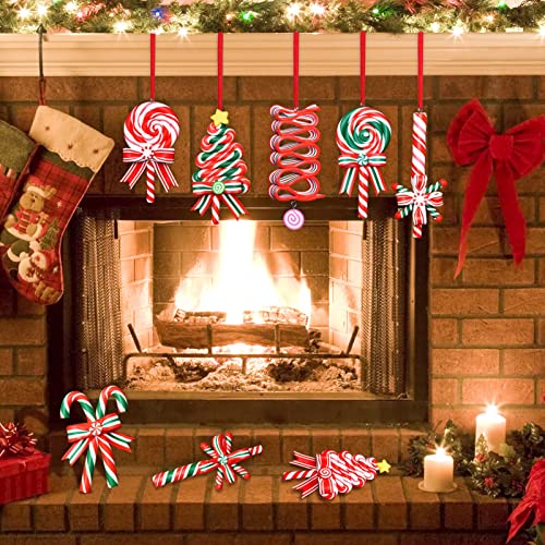 TREWAVE 10 Pieces Christmas Tree Lollipop Hanging Ornaments Set with Ribbon, Xmas Candy Cane Tree Hanging Decor, Christmas Season Home Hanging Decorations and Pendants