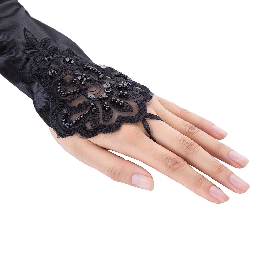 Xuhan 15"/ 21" Long Flapper Evening Opera Satin Gloves for Women Elbow Length 1920s (Black-13.8 inches)
