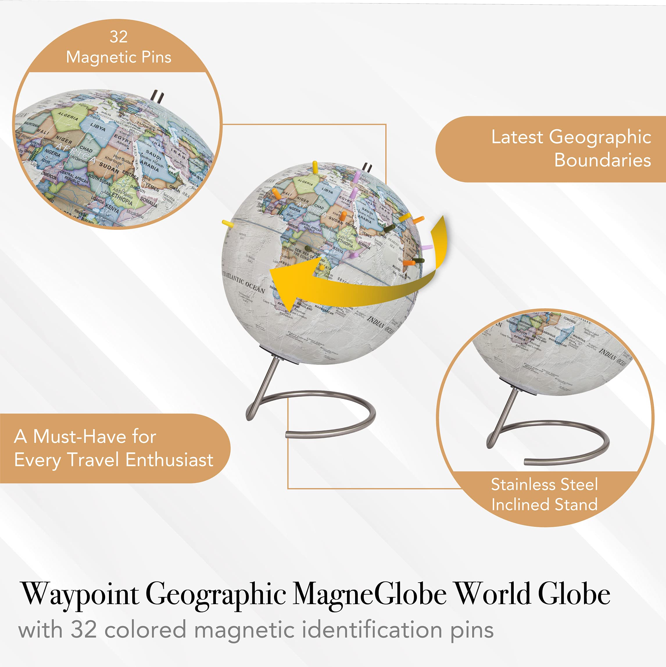 Waypoint Geographic MagneGlobe, 9” Metal Globe with 32 Magnetic Pins for Marking Travels, Interactive World Globe For Home or Office Decor, Gift for All, Antique