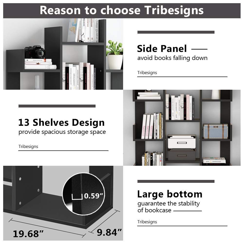 Tribesigns 12-Shelf Bookcase, Modern Tree Bookshelf Book Rack Display Shelf Storage Organizer for CDs, Records, Books, Home Office Deco (Black)