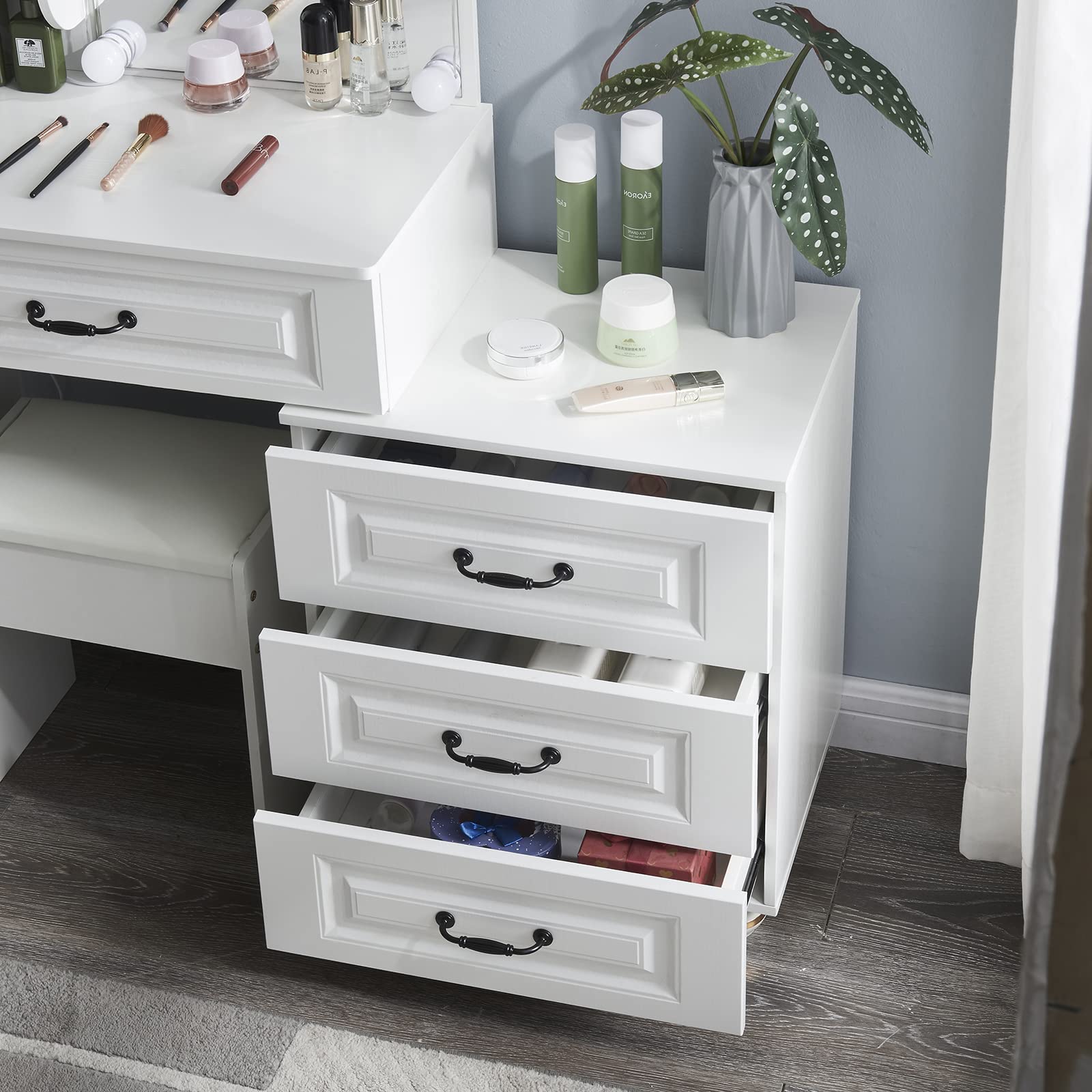 Vanity Desk with Mirror and Lights, Makeup Table with 4 Drawers, 3 Lighting Modes Adjustable Brightness, Dressing Table for Girls, White