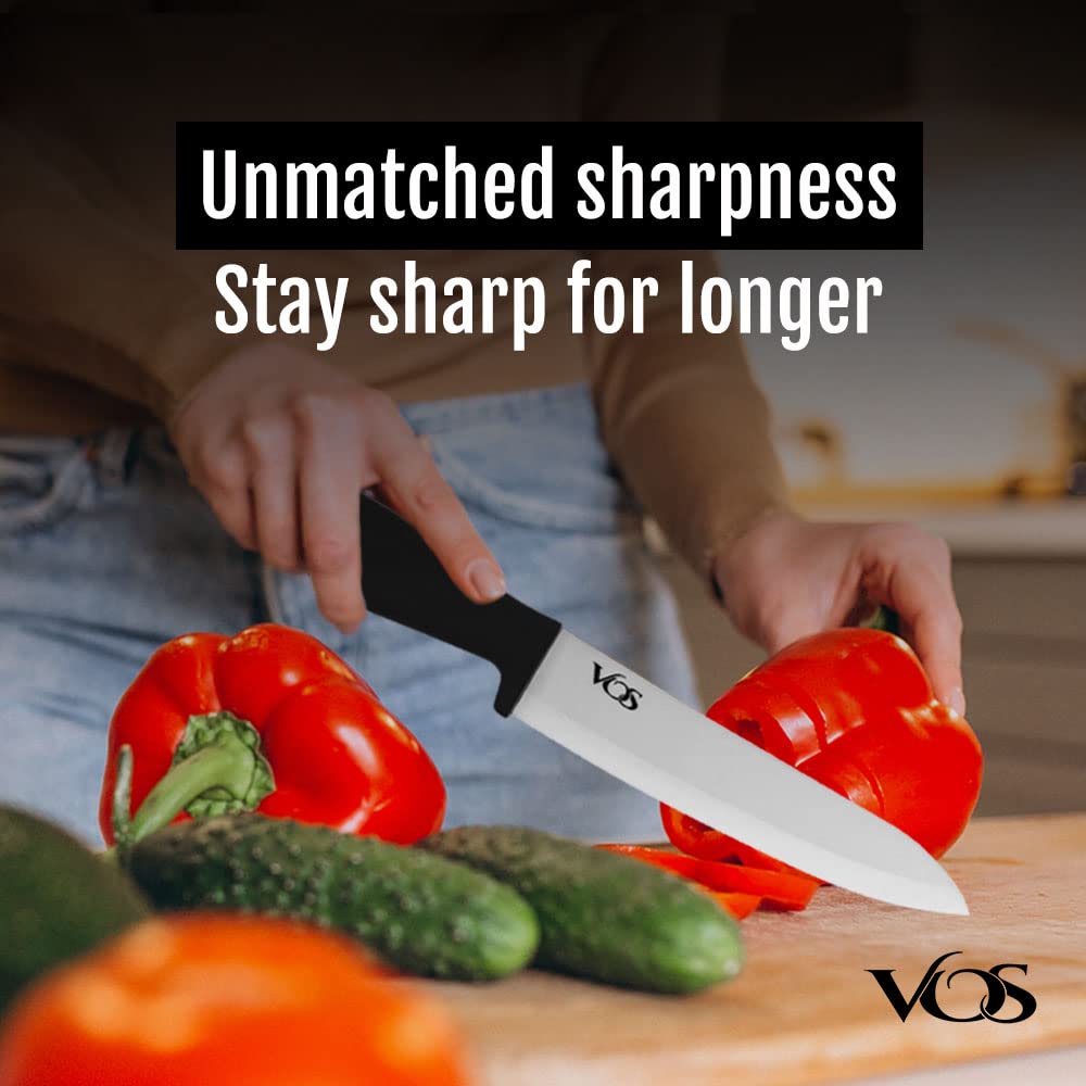 Vos Universal knife Block and Ceramic Kitchen Knives With Peeler, Ceramic Paring Knife 3", 4", 6", Inch Black