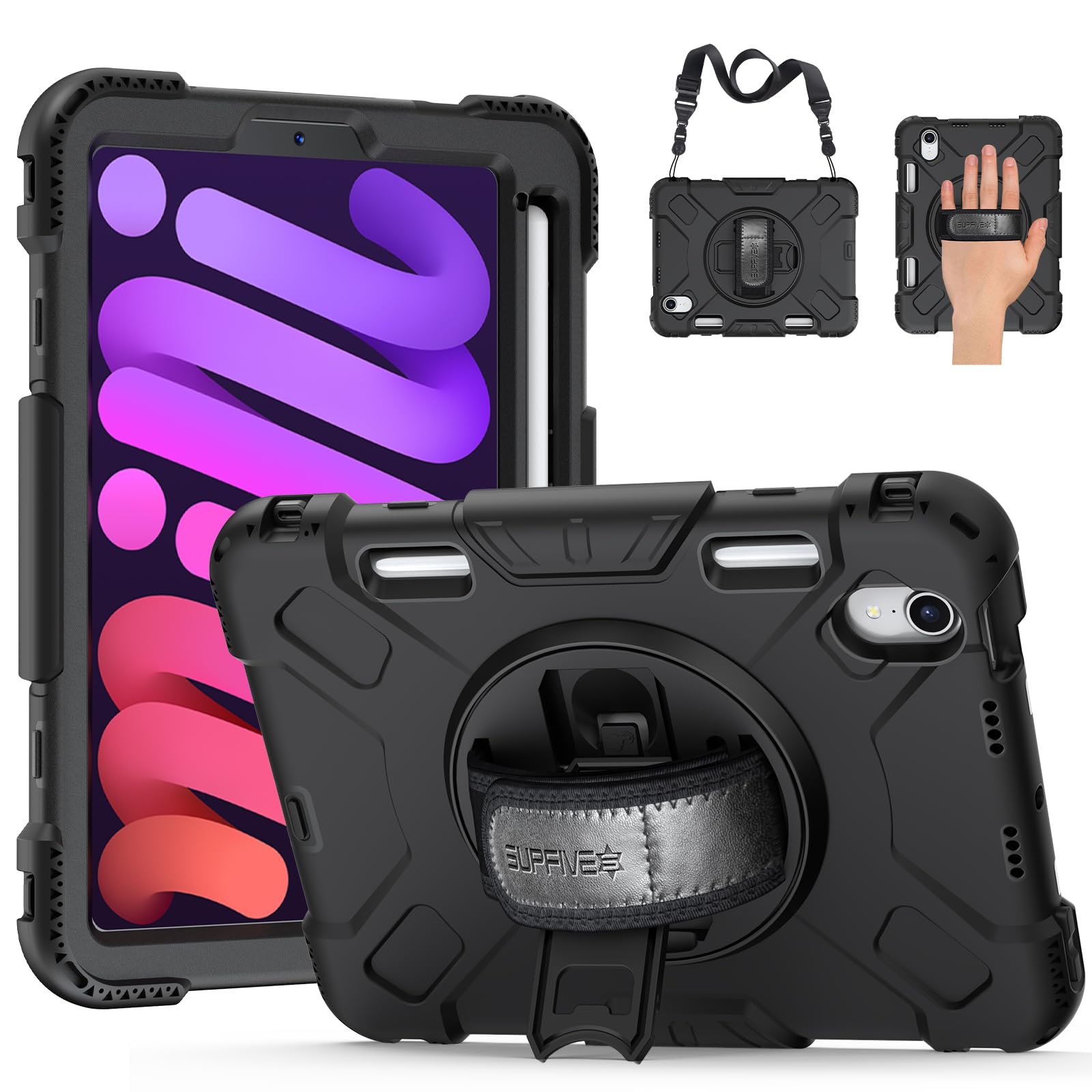 SUPFIVES Case for iPad Mini 6 2021: iPad Mini 6th Generation Case 8.3 Inch Military Grade Shockproof Protector Silicone Cover with Pencil Holder - Kickstand - Handle - Shoulder Strap - Black