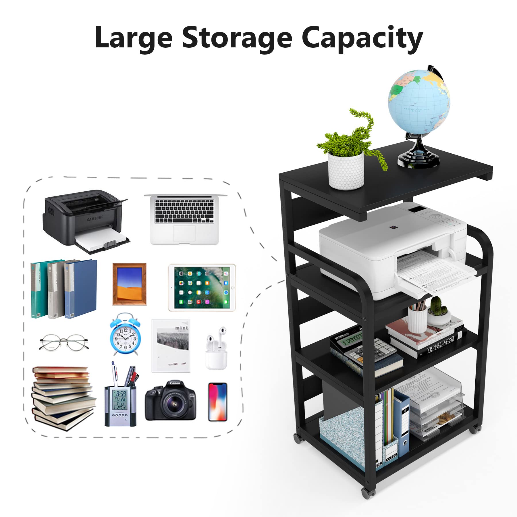 Tribesigns 4-Shelf Mobile Printer Stand with Storage Shelves, Large Modern Printer Cart Desk Machine Stand Storage Rack on Wheels for Home Office(Black)