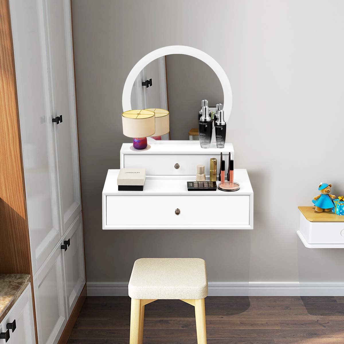 Vanity Mirror, w/ 2 Removable Spacious Drawer, 2 in 1 Vanity Table Top, Space-Saving Wall Mount & Placed on The Table, Dressing Table w/Round Mirror, Ideal for Bedroom, Bathroom &Hallway, White