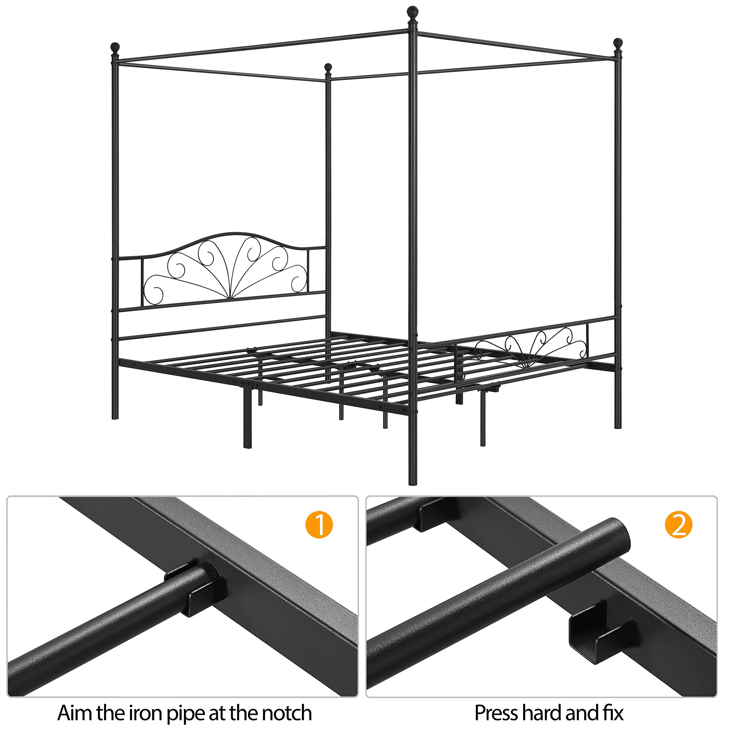 Yaheetech Queen Canopy Bed Frames Graceful Scroll Metal Canopy Bed/Four-Poster Canopied Platform Bed with Arched Headboard/Solid Slats/Underbed Storage Space/No Box Sring Needed/Ball Finals, White