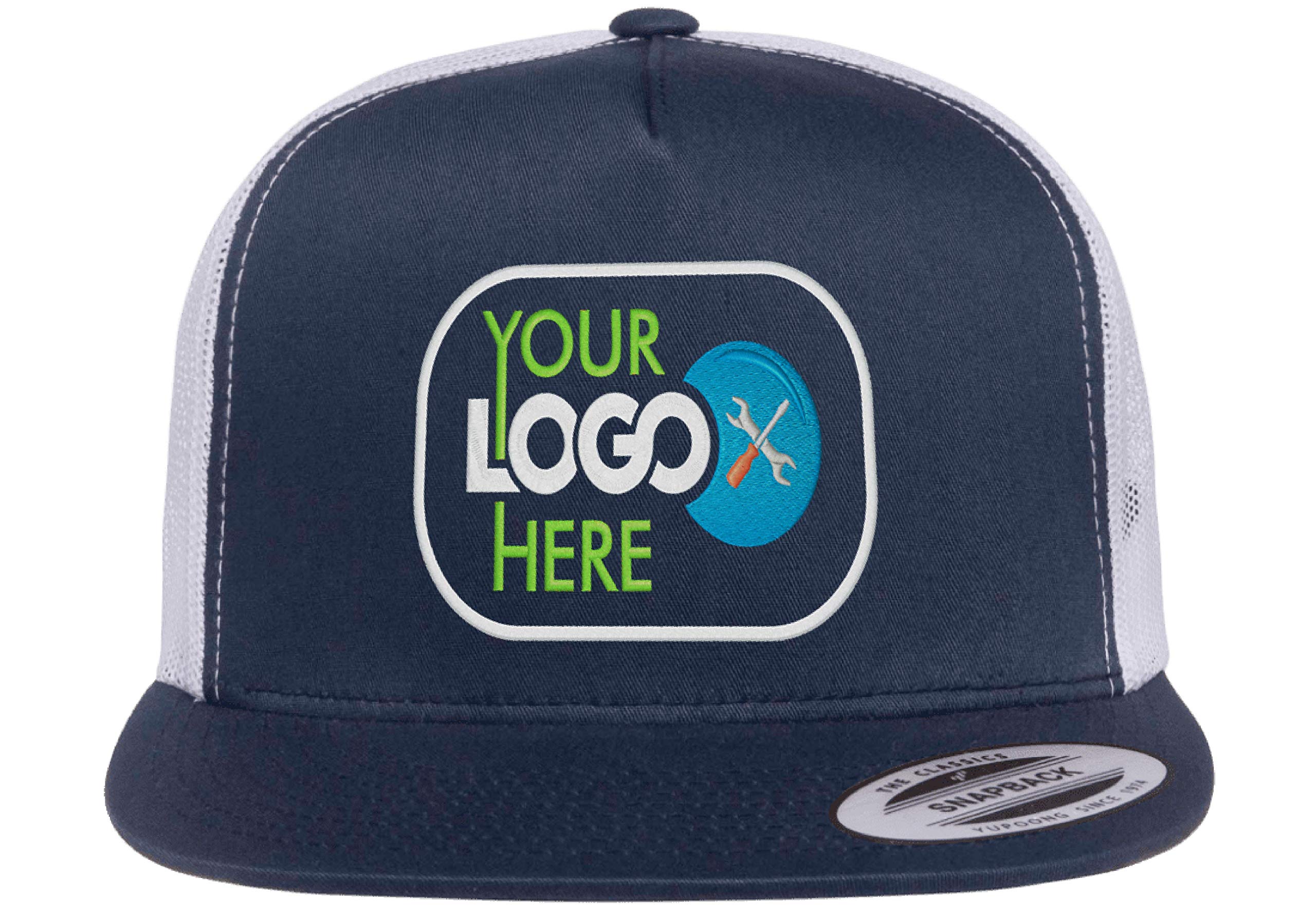 Your Logo Embroidered On Yupoong 6006 Flatbill Trucker Snapback Hat Custom Logo (Navy/White)