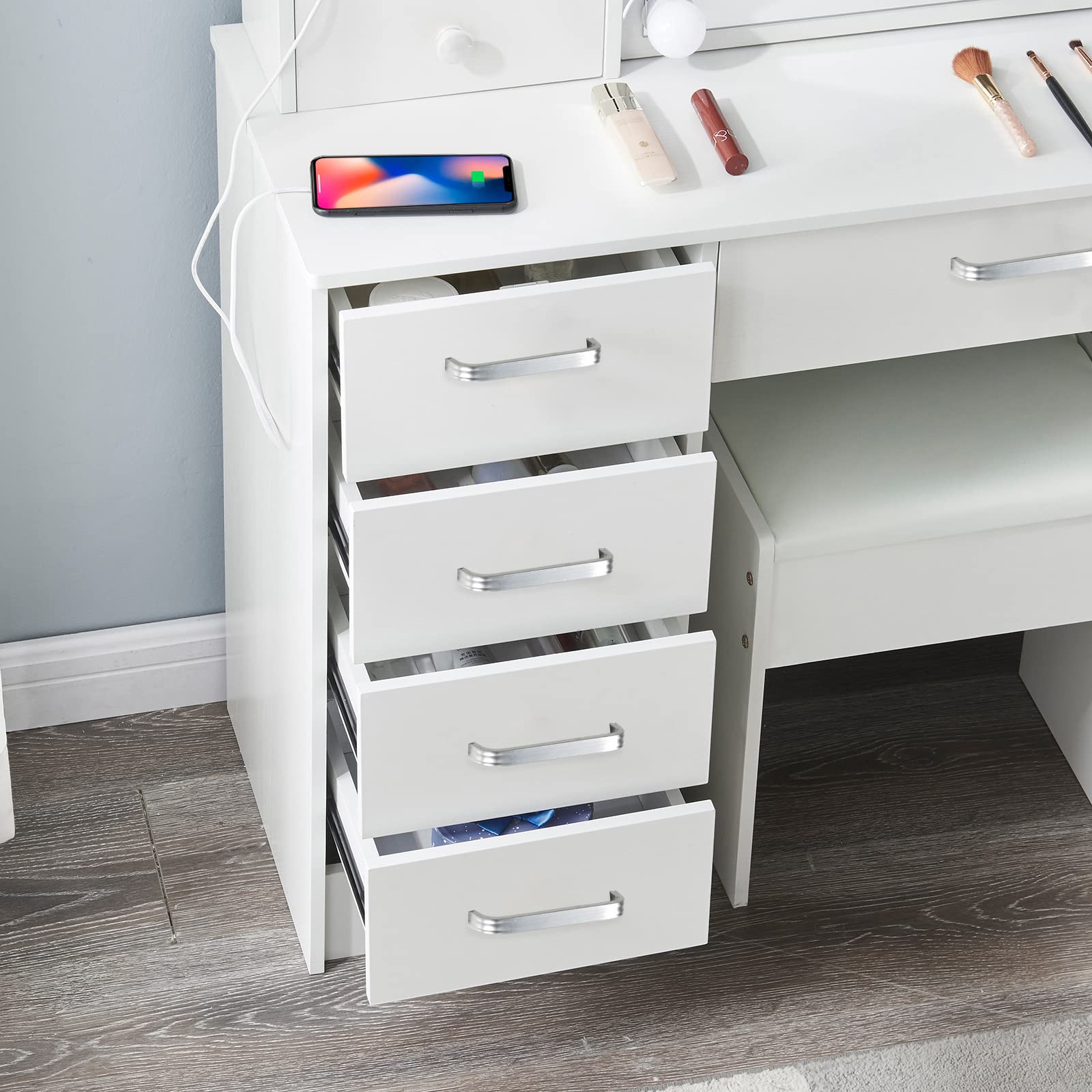 Vanity Set Makeup Dressing Table with Light and Mirror, Cushioned Stool for Bedroom, Dressing Desk for Girls Women, Vanity Desk with 6 Drawers, White