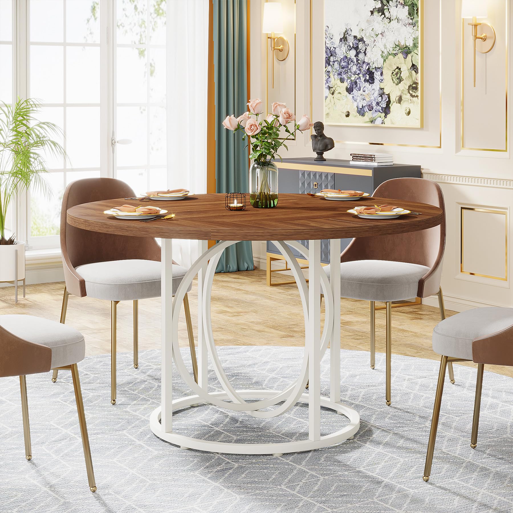Tribesigns Modern Round Dining Table for 4-6, 47 Inch Brown Kitchen Table with White Base, Wood Dinner Table Coffee Table for Home Dining Room, Kitchen, Living Room, Apartment, Cafe’