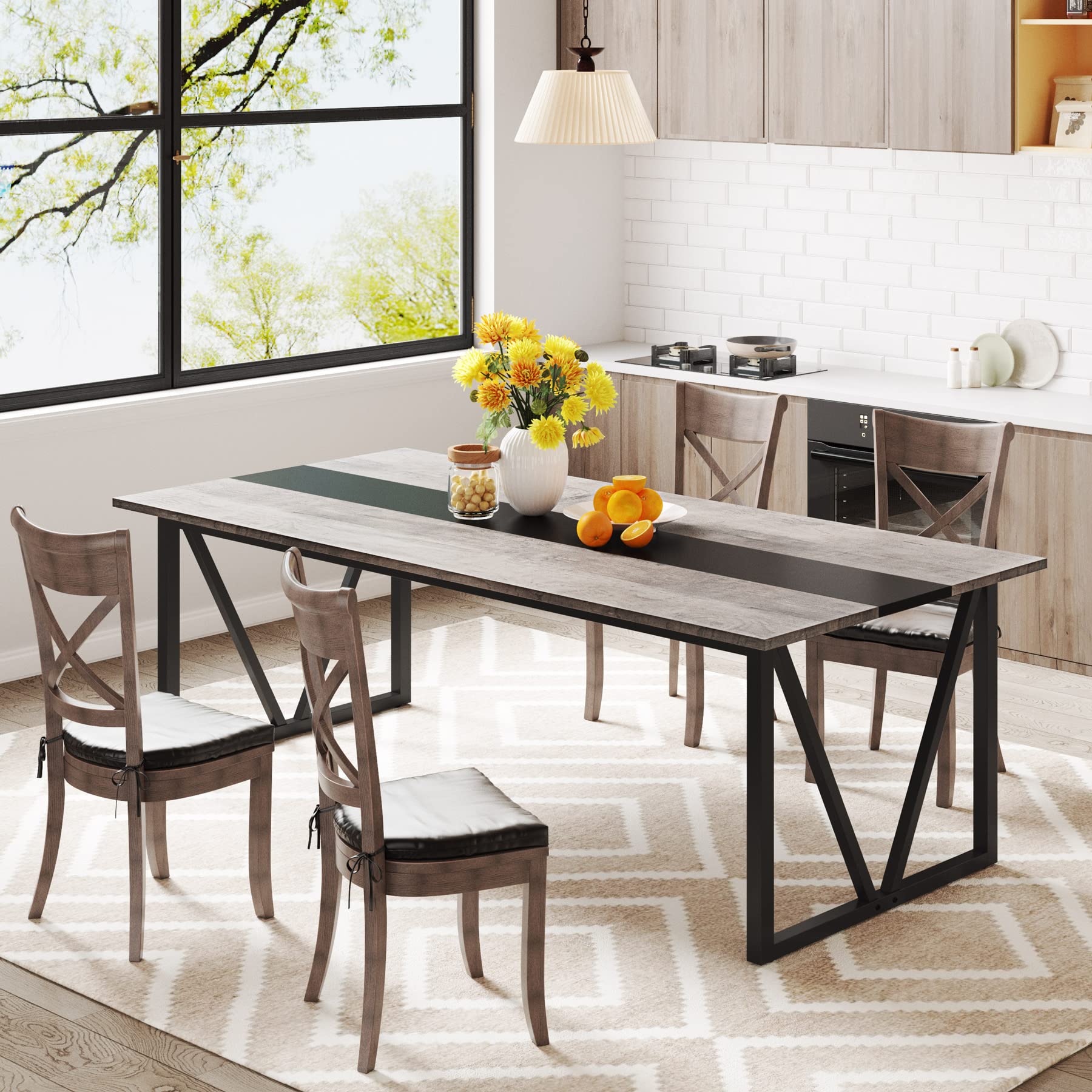 Tribesigns Dining Table for 6-8 People, 70.8 inch Industrial Large Kitchen Table with Heavy Duty Metal Frame, Rectangle Wood Dining Room Table for Kitchen, Living Room, Grey & Black