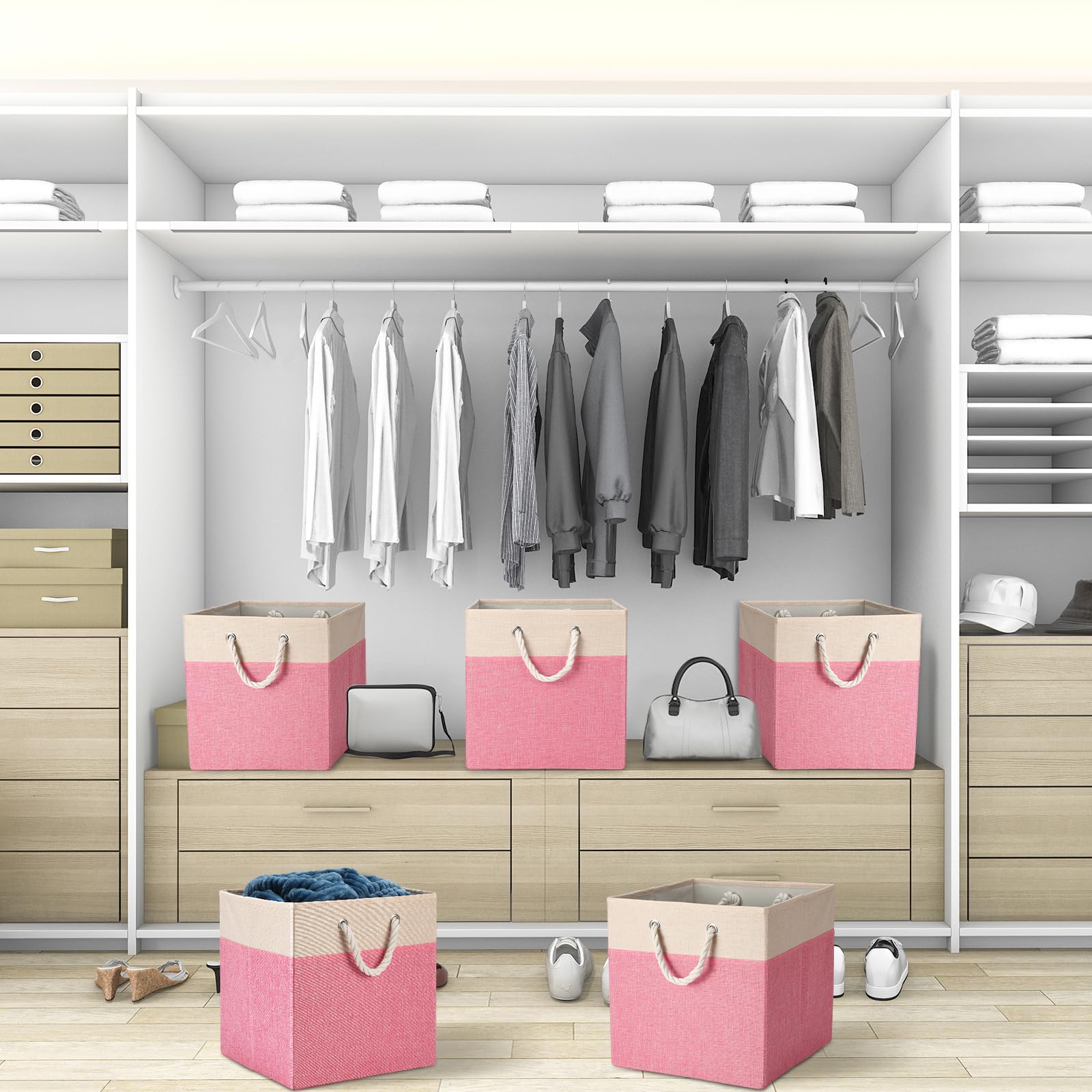 Windyun 6 Pcs Fabric Linen Storage Basket Cube Cloth Large Storage Bin with Handles 13 x 13 x 13 Inch Collapsible Storage Cube Box for Organizing, Shelves, Closet, Home and Office, White and Pink