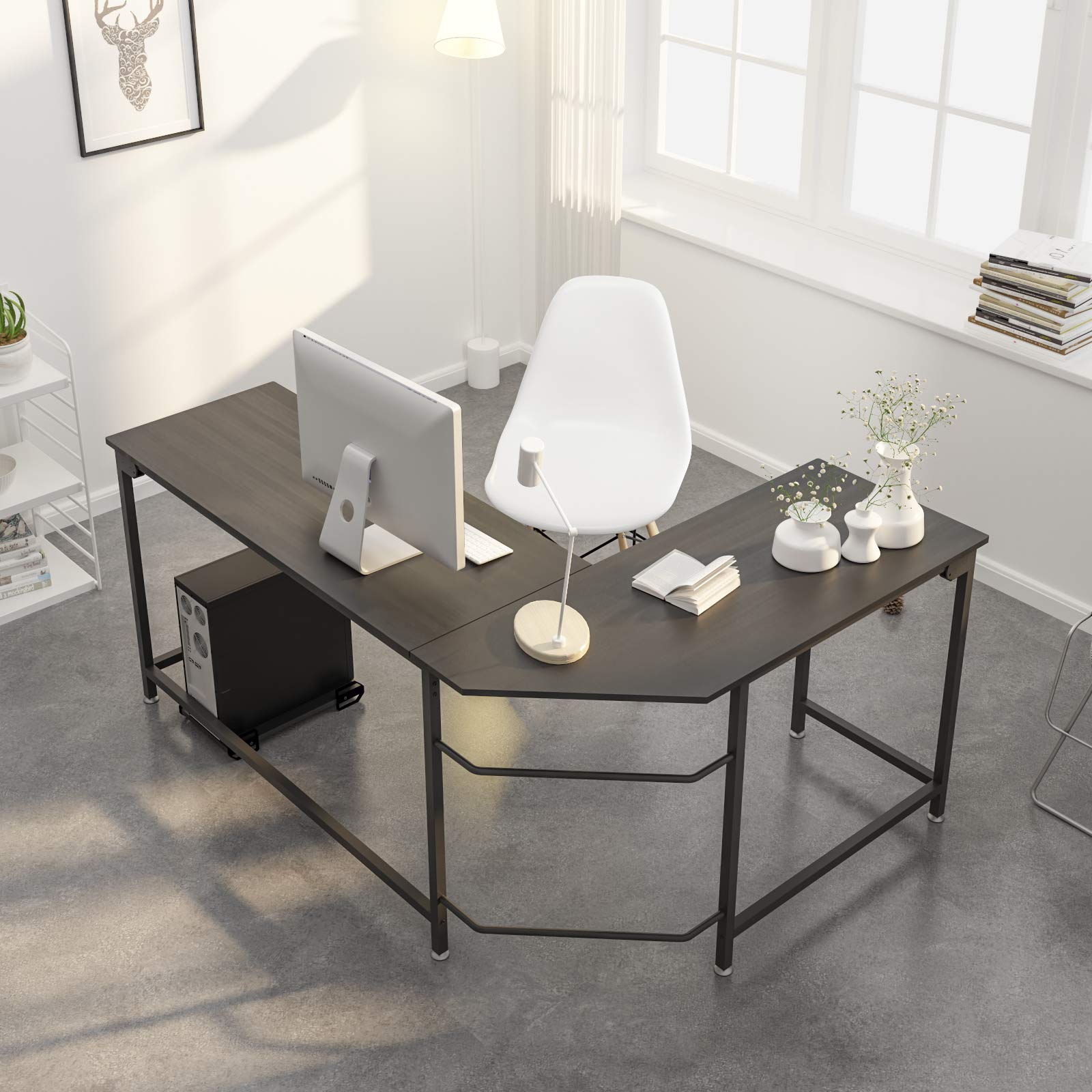 Weehom Small L Shaped Desk Corner Computer Gaming Desk for Home Office Study Workstation, Grey Oak