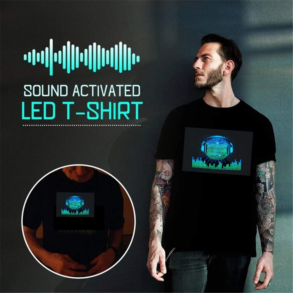Top for Men Party Disco DJ Sound Activated LED Light Up and Down Flashing Glowing Printed Crewneck Short-Sleeve T Shirt