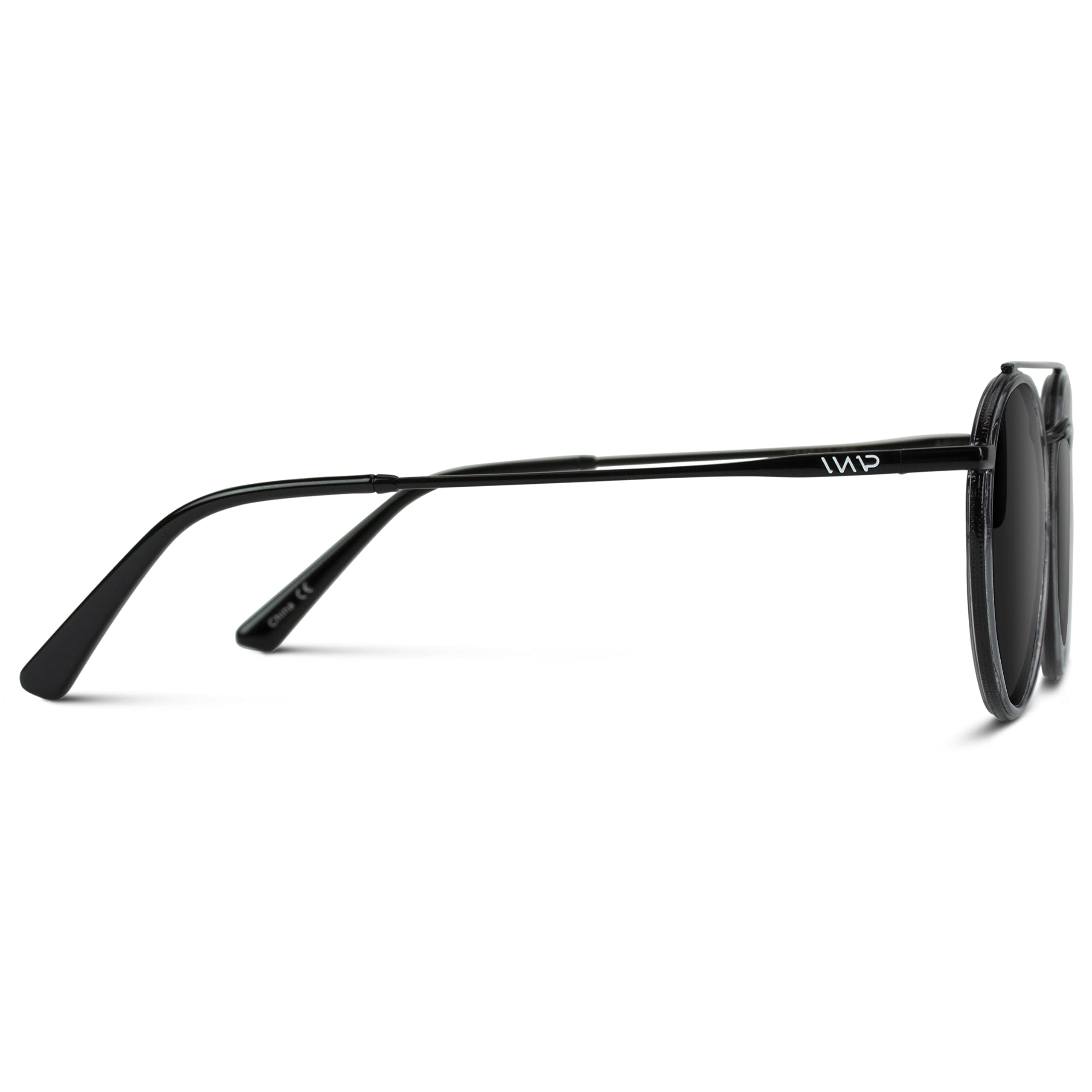 WearMe Pro - Round Double Bridge Polarized Modern Retro Sunglasses (Black Frame/Black Lens, 53)