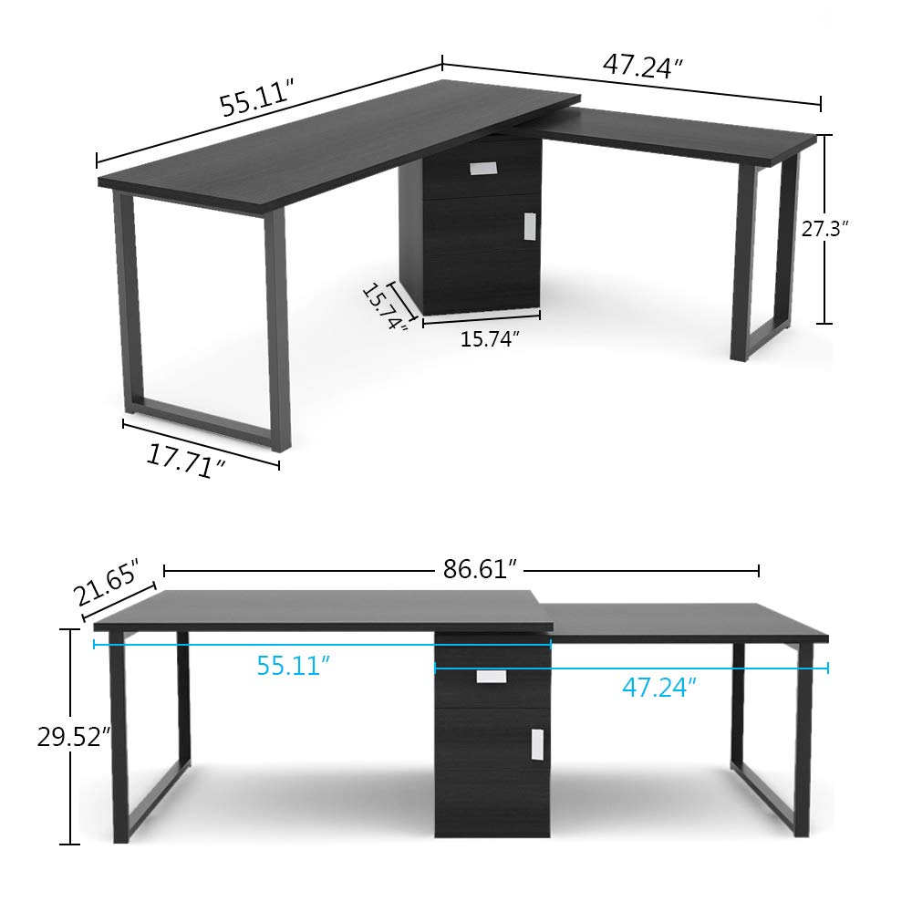 Tribesigns Rotating L-Shaped Computer Desk, 55 Inches Modern Corner Computer Desk Large Study Executive Office Desk Writing Table with Storage File Cabinet for Home Office (Black)