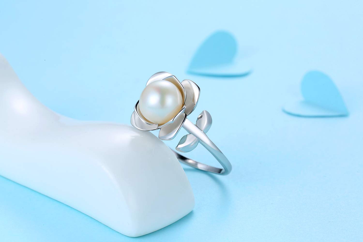 YZSFMZGE Sterling Silver Pearl Ring 925 Sterling Silver Rose Flower Freshwater Pearl Ring Adjustable Round Ring Jewelry for Valentine's day Wedding with Box