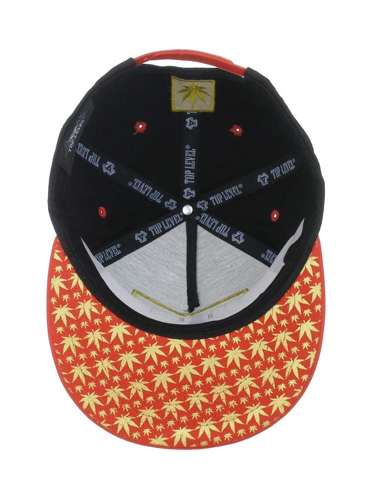 Top Level Flat Brim Snapback Metallic Marijuana Logo High Definition Embroidery Hat/Cap Black/Red