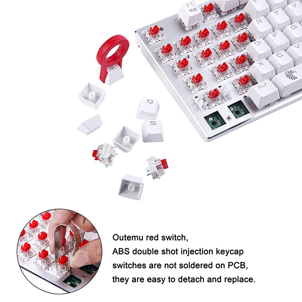 Z-88 Wired TKL Mechanical Gaming Keyboard, E-Element 81 Keys Compact Design Metal Top-Panel, Linear Red Switch, RGB Led Backlight Anti-Ghosting, Silver and White