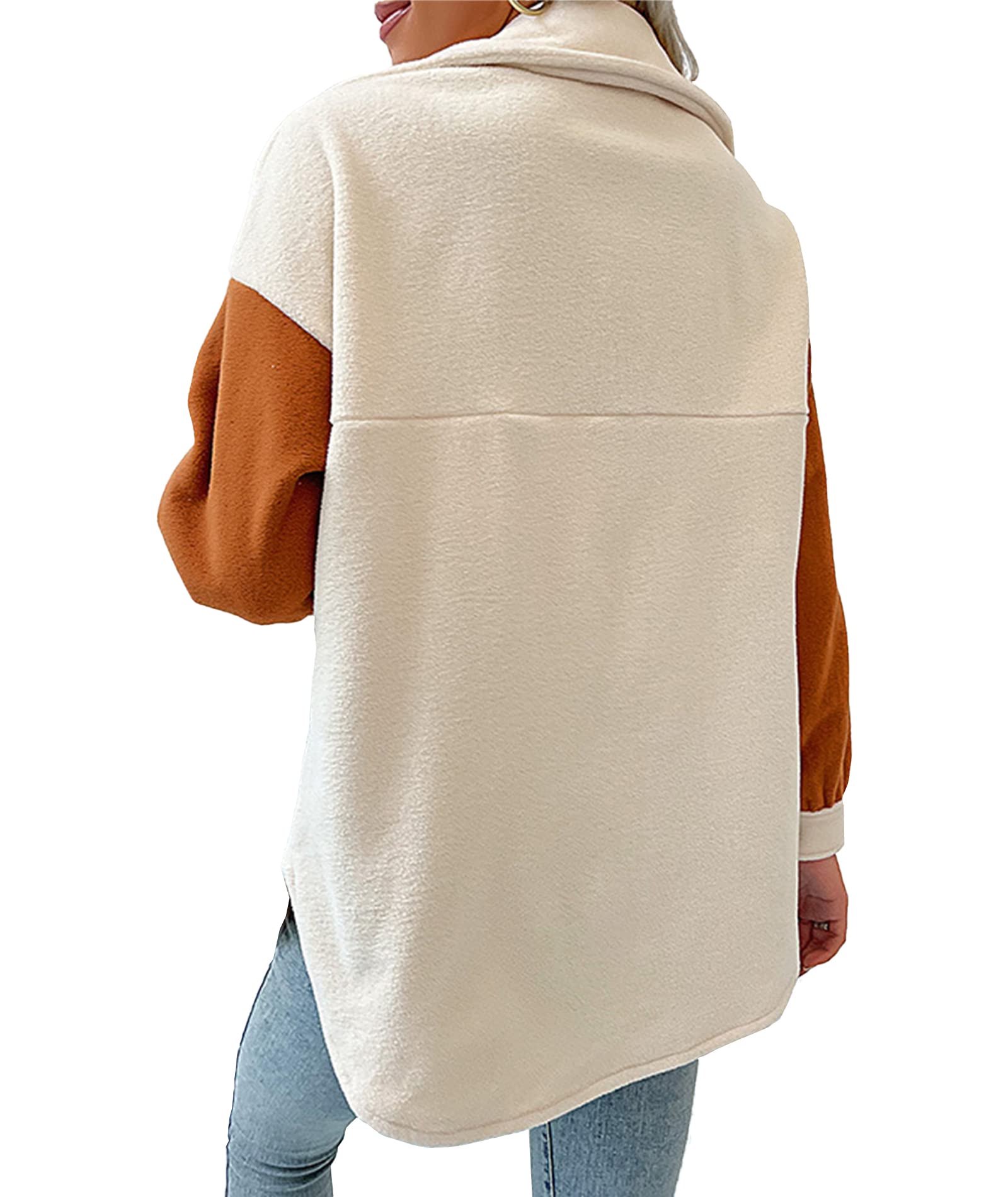 SOMTHRON Women's Fleece Cardigan Long Sleeve Shacket Sherpa Shirt Jacket Patchwork Button Down Lapel Collar Blouses Tops AP-L