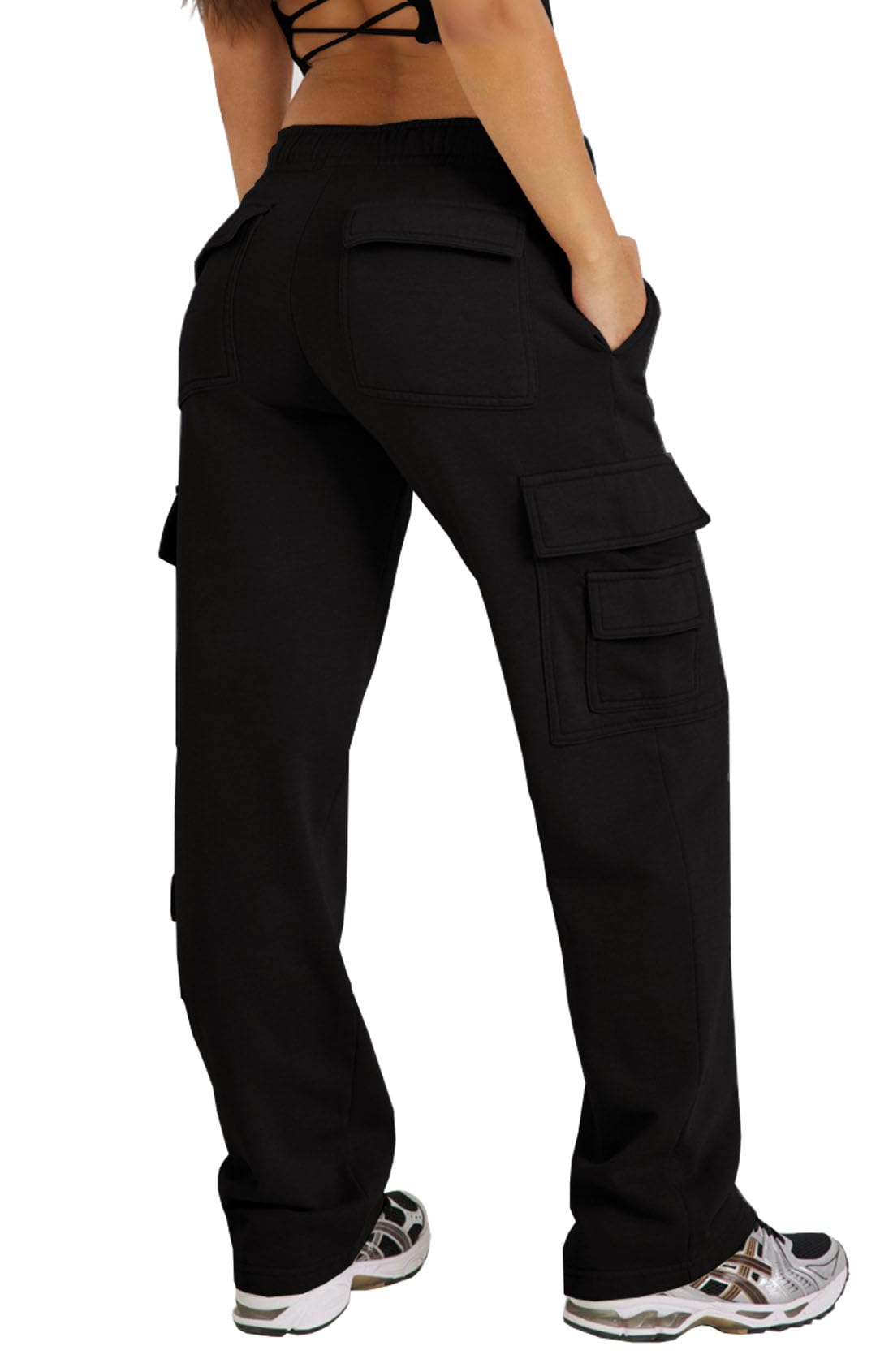 Waitfairy Womens Cargo Sweatpants Casual Baggy High Waisted Joggers Pants Fleece Sweat Pants with Pocket Black M