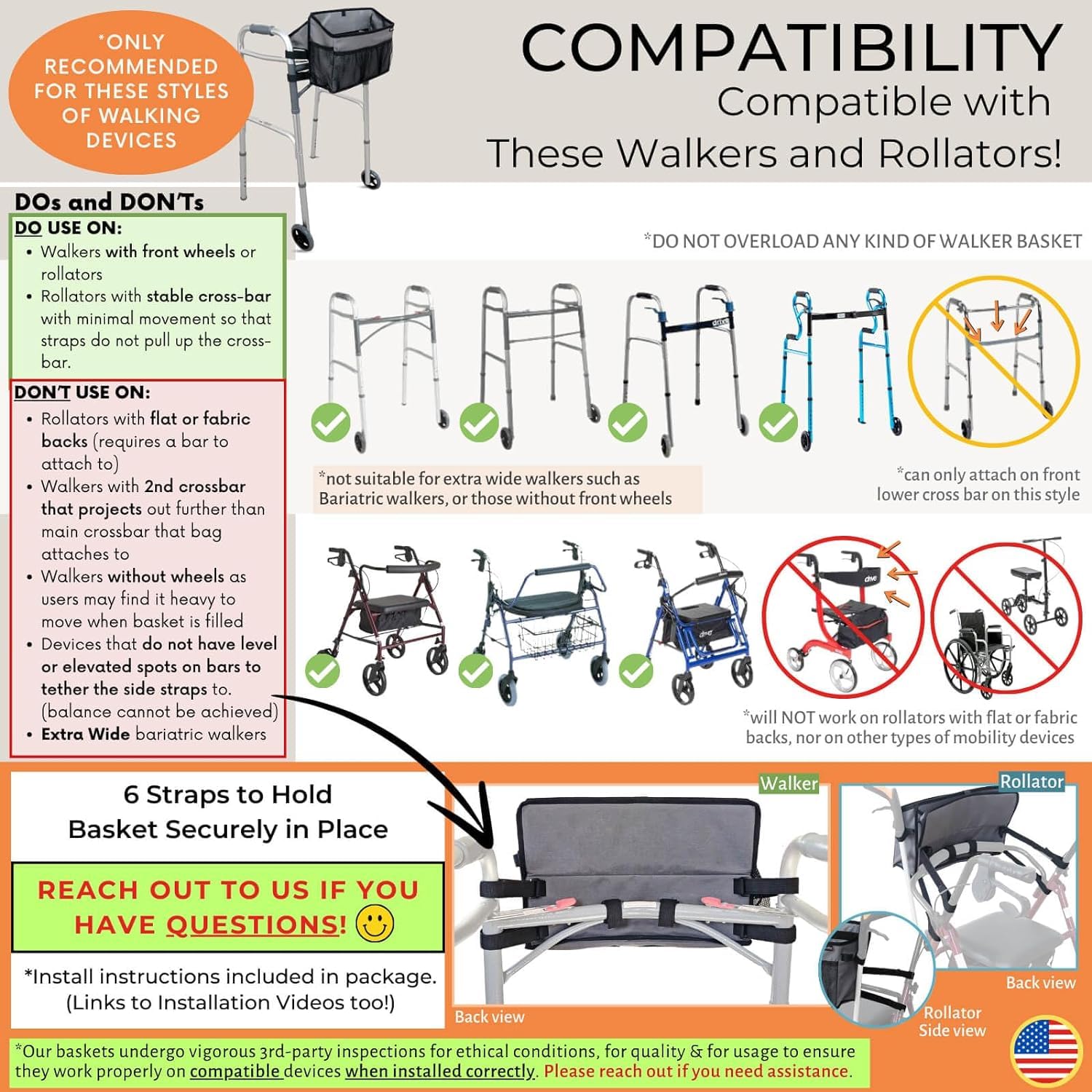 Walker Basket for Folding Walker +Flip-Down Walker Tray +Reacher/ Cane Holder Strap + Cup Holder | Basket for Walker Bags for Folding Walker with Wheels, Walker Accessories for Walker Rollator - GRAY
