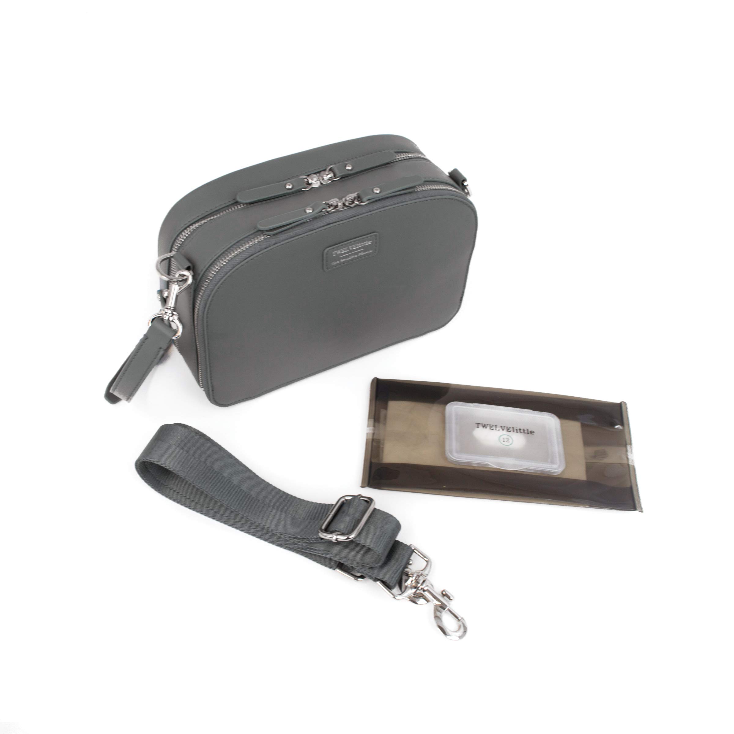 TWELVElittle Sensible Clutch (Grey) - Diaper Clutch with Adjustable Shoulder Strap, Vegan Leather Diaper Bag, featuring two separate compartments, Wipe Case Included