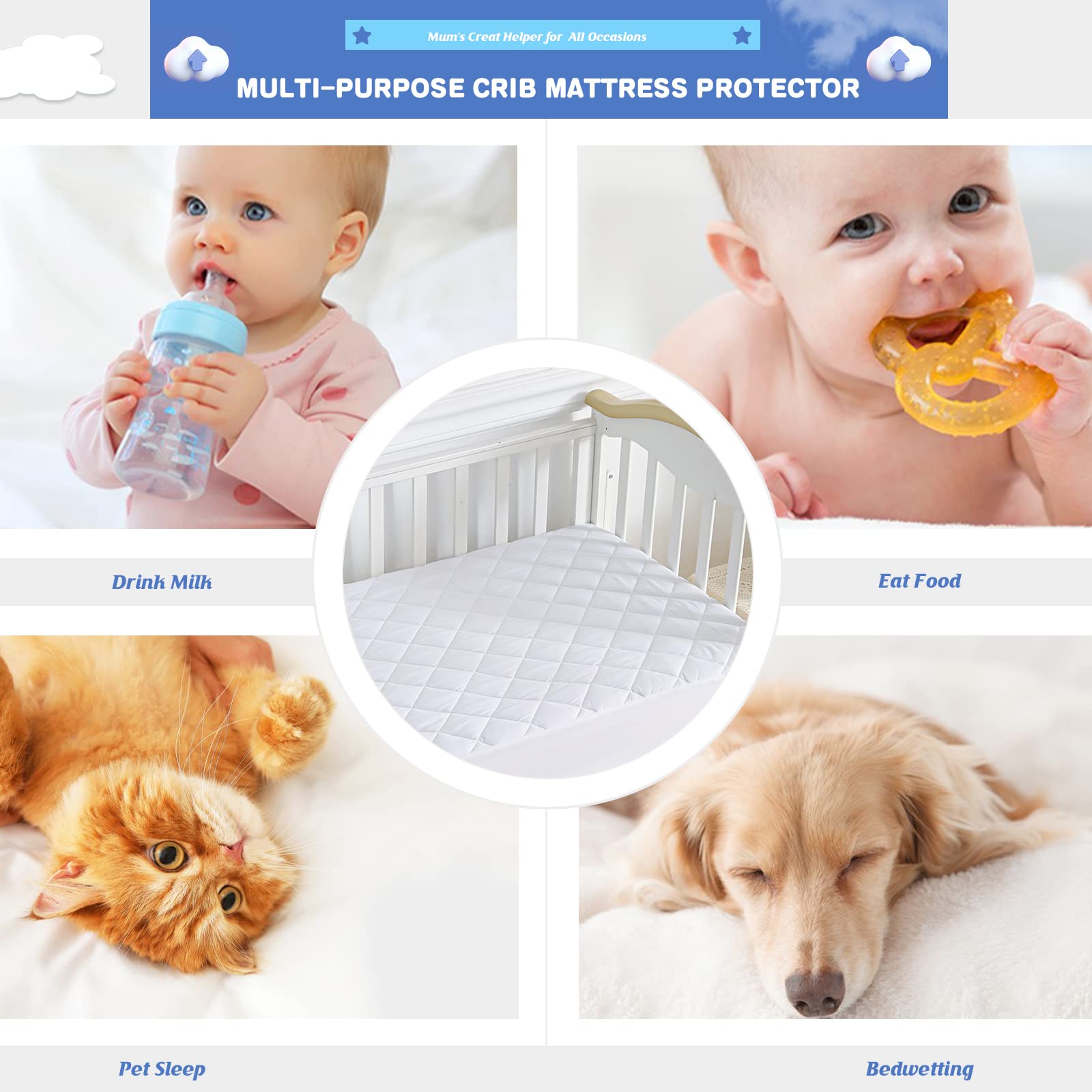 UNILIBRA 2 Pack Waterproof Crib Mattress Protector, Quilted Fitted Crib Mattress Pad,Breathable & Noiseless Crib Toddler Baby Mattress Cover 52"x28", White