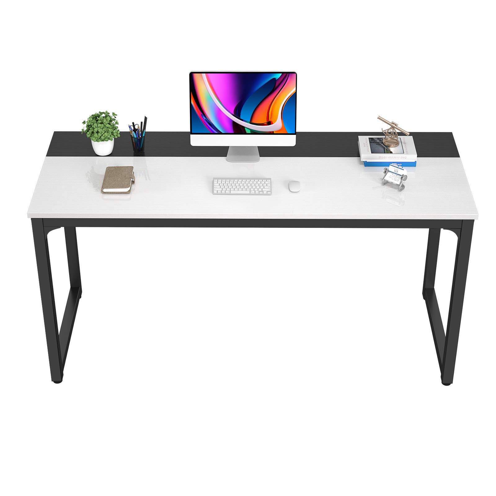 Topfurny Desk Computer Desk 55 Inch Home Office Study Writing Desk Modern Simple Sturdy PC Laptop Desk Table Gaming Desks Wooden Desk Space Saving Easy to Assemble Desk, White and Black