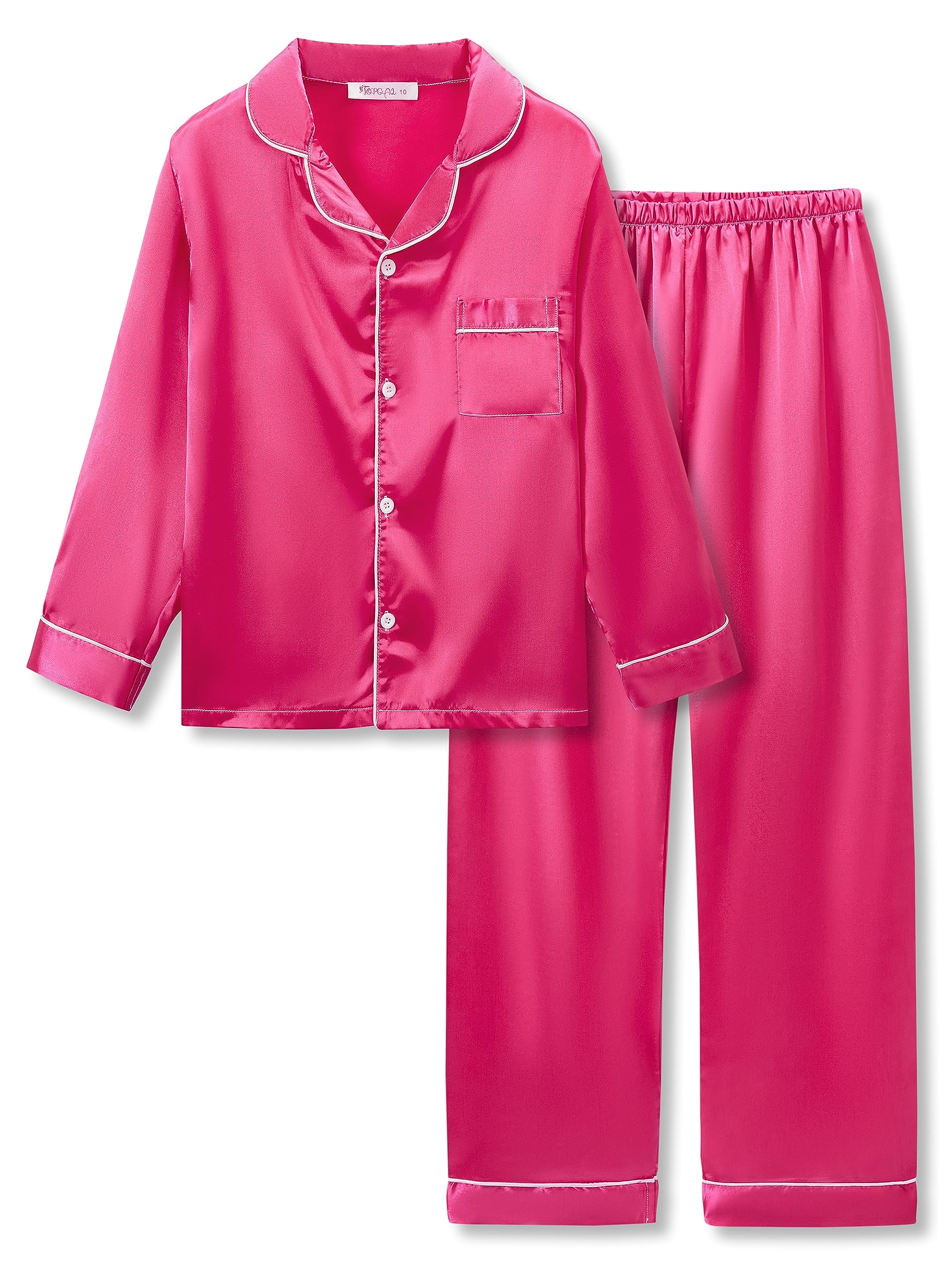 Topgal Cute Hot Pink Pajama Set for Girls – Satin Silky Long Sleeve & Pants Button Down PJ Set Size 10