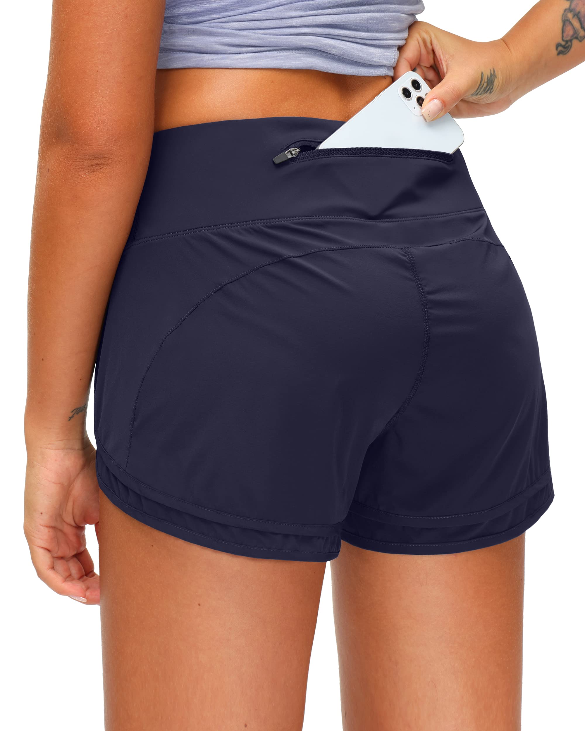 Women's Running Shorts High Waisted Quick-Dry 3 Inch Gym Workout Athletic Shorts for Women with Zipper Pocket(Navy Blue, XL)