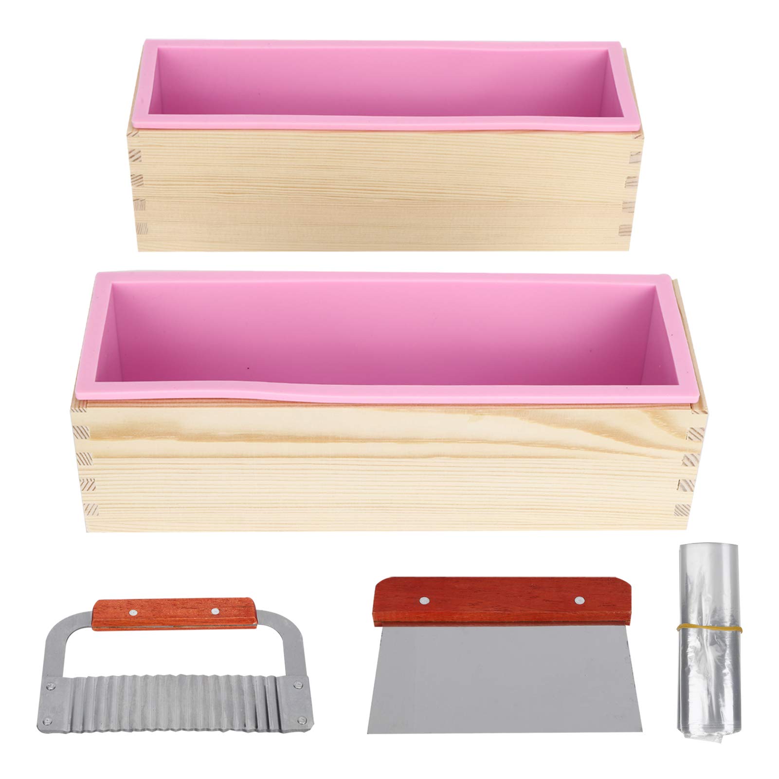 VTOSEN Soap Cutter Set, Silicone DIY Soap Making Kit, Hand-Made Mold Making Kit, Adjustable Cutting Mold Kit, with Stainless Steel Wavy & Straight Cutter(Pink)