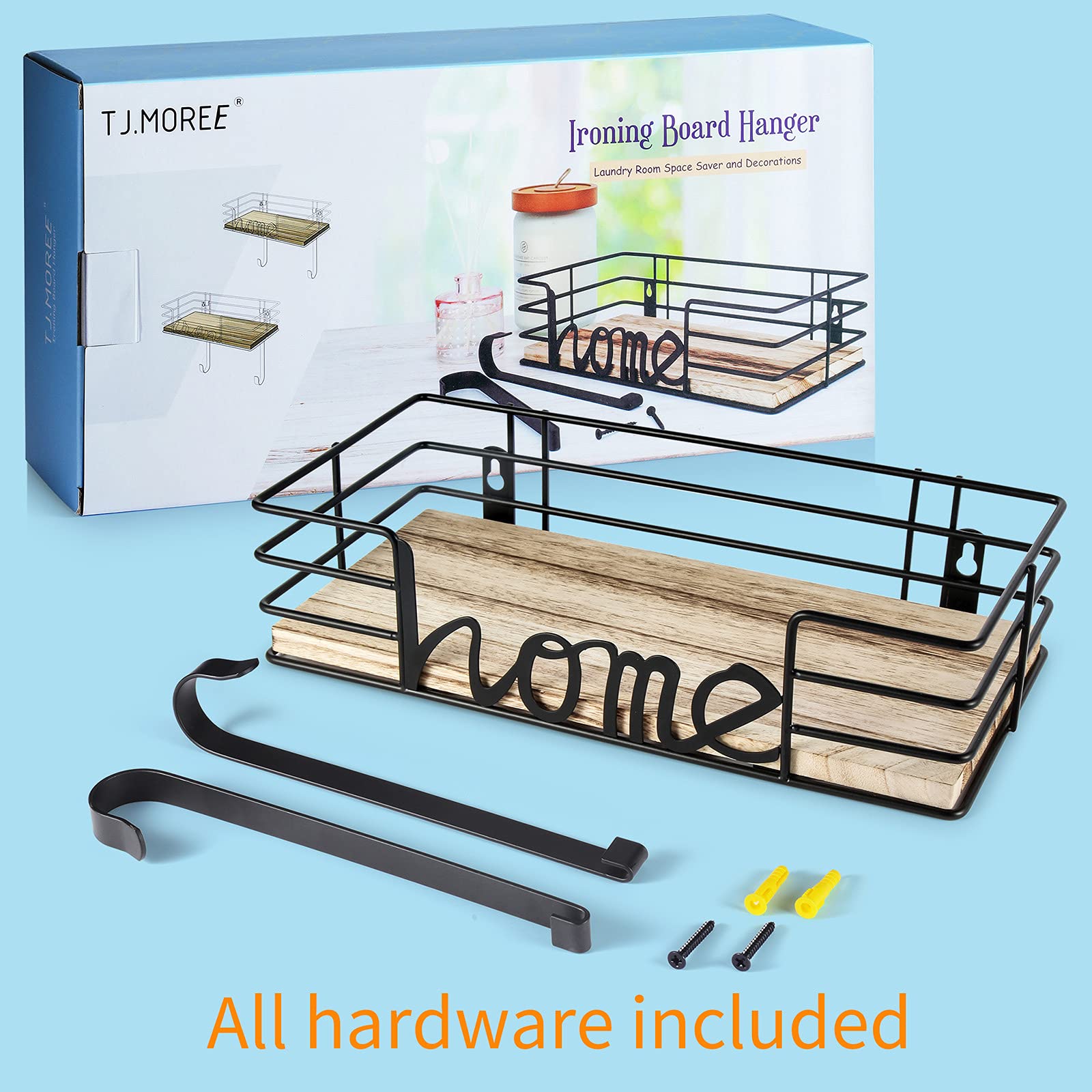 TJ.MOREE Ironing Board Hanger Wall Mount - Laundry Room Decor Iron and Ironing Board Holder with Large Storage Wooden Base Basket and Removable Hooks (Black)