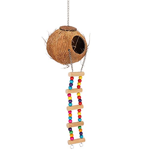 TOPINCN Birds Nest, Handmade Coconut Shell House with Climbing Ladder Pet Breeding Bird Cage Hanging Ornament for Budgie Parrots Hamsters Squirrels