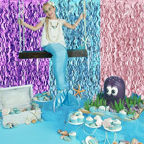 Wavy Tinsel Foil Fringe Curtains 3 Pack Photo Backdrop for Mermaid Birthday Party Decorations(3.2 ft x 6.6 ft,Teal Blue,Pink,Purple)