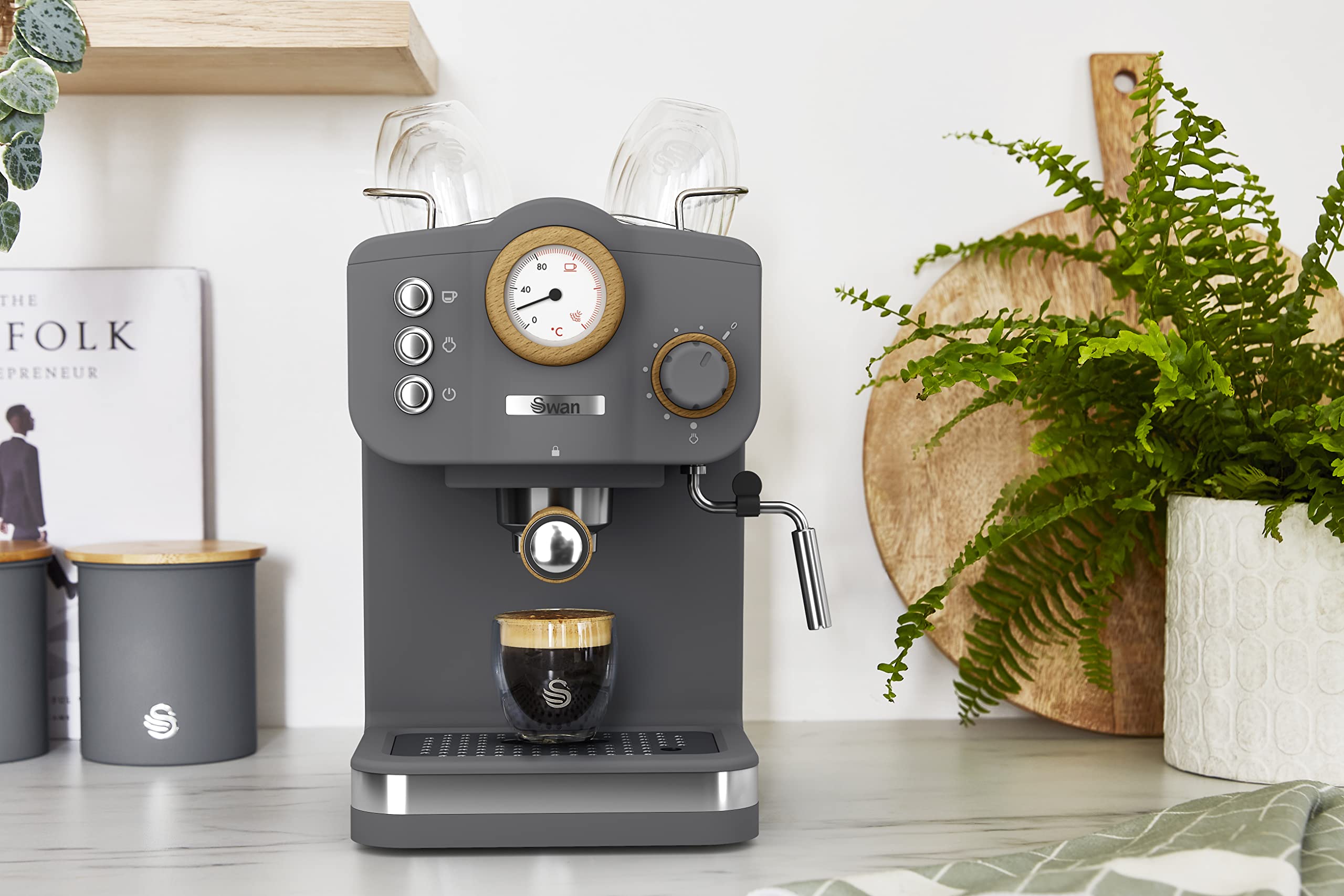 Swan Nordic Espresso Maker Machine, 15 Bars of Pressure, Milk Frother, 1.2L Tank, Scandi Style Matte Finish Slate Grey (SK22111GRYN)