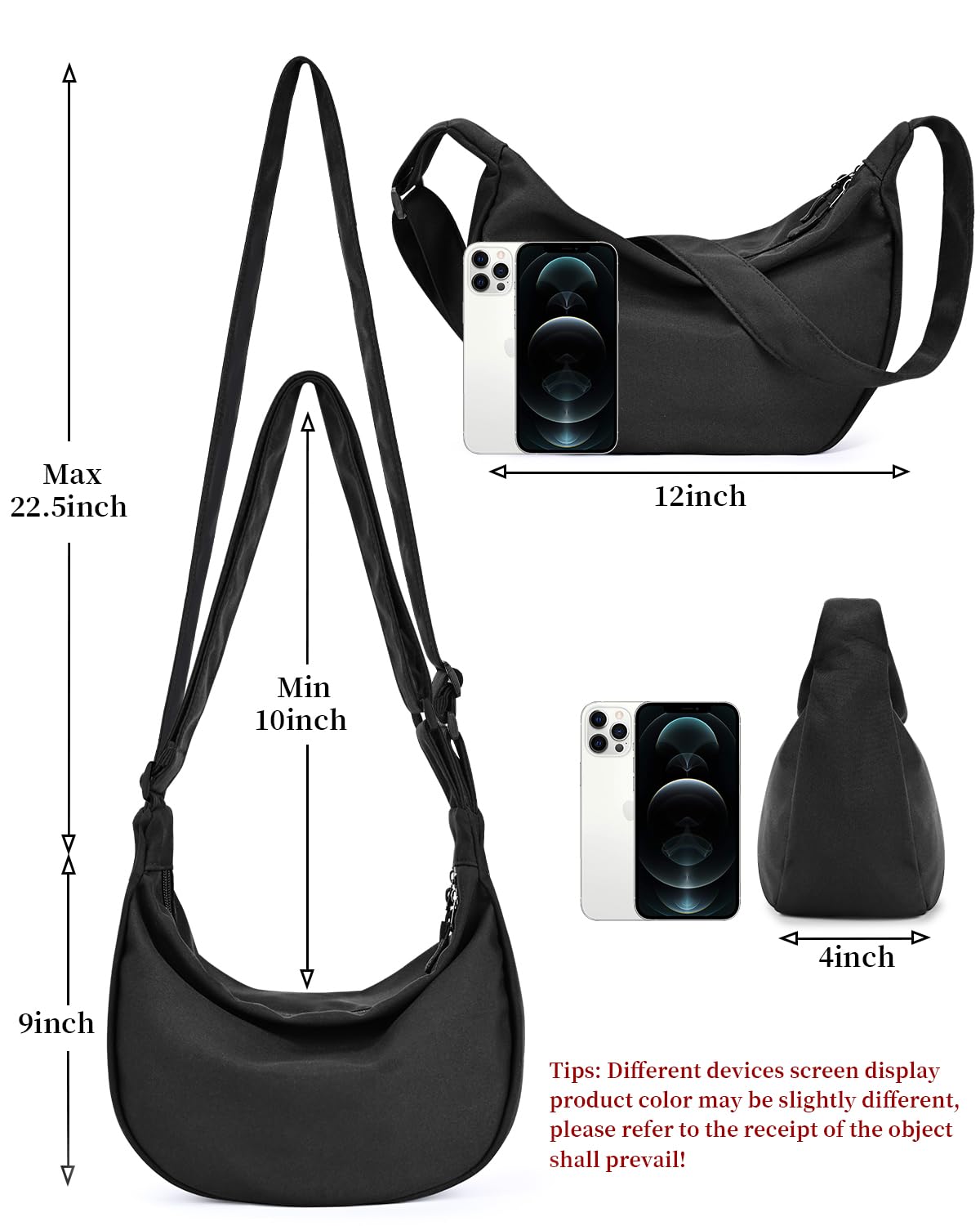 Small Sling Crossbody Bag for Women Men Trendy, Mini Crescent Bag with Adjustable Strap, 2 Zippers Lightweight Nylon Bag