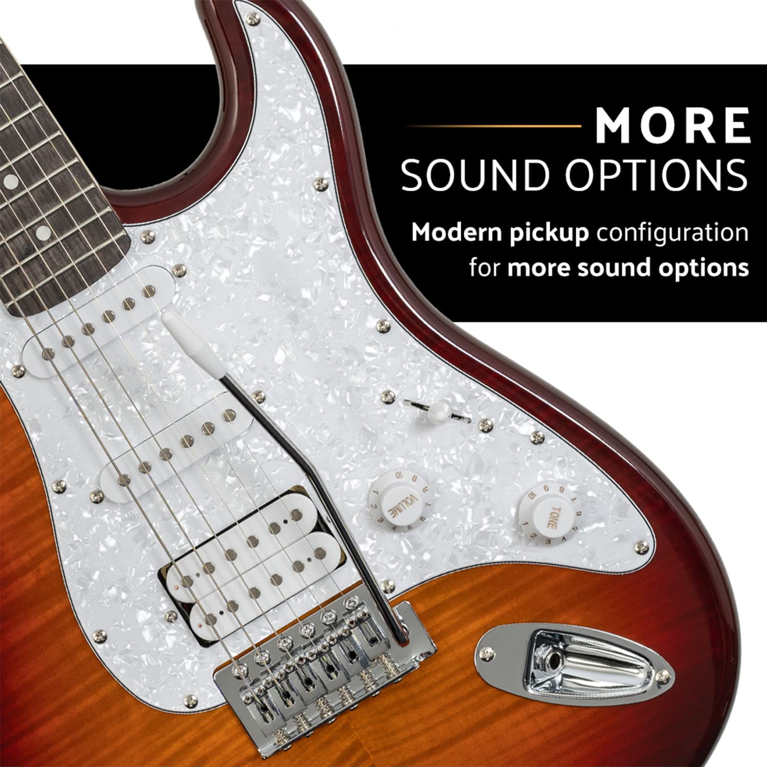 Washburn Sonamaster Electric Guitar Bundle in Sunburst with Flame Maple Veneer Top and H-S-S Pickups, Includes Strap, Picks, Clip-On Tuner and Extra Set of Strings (SDFSB-BNDL)