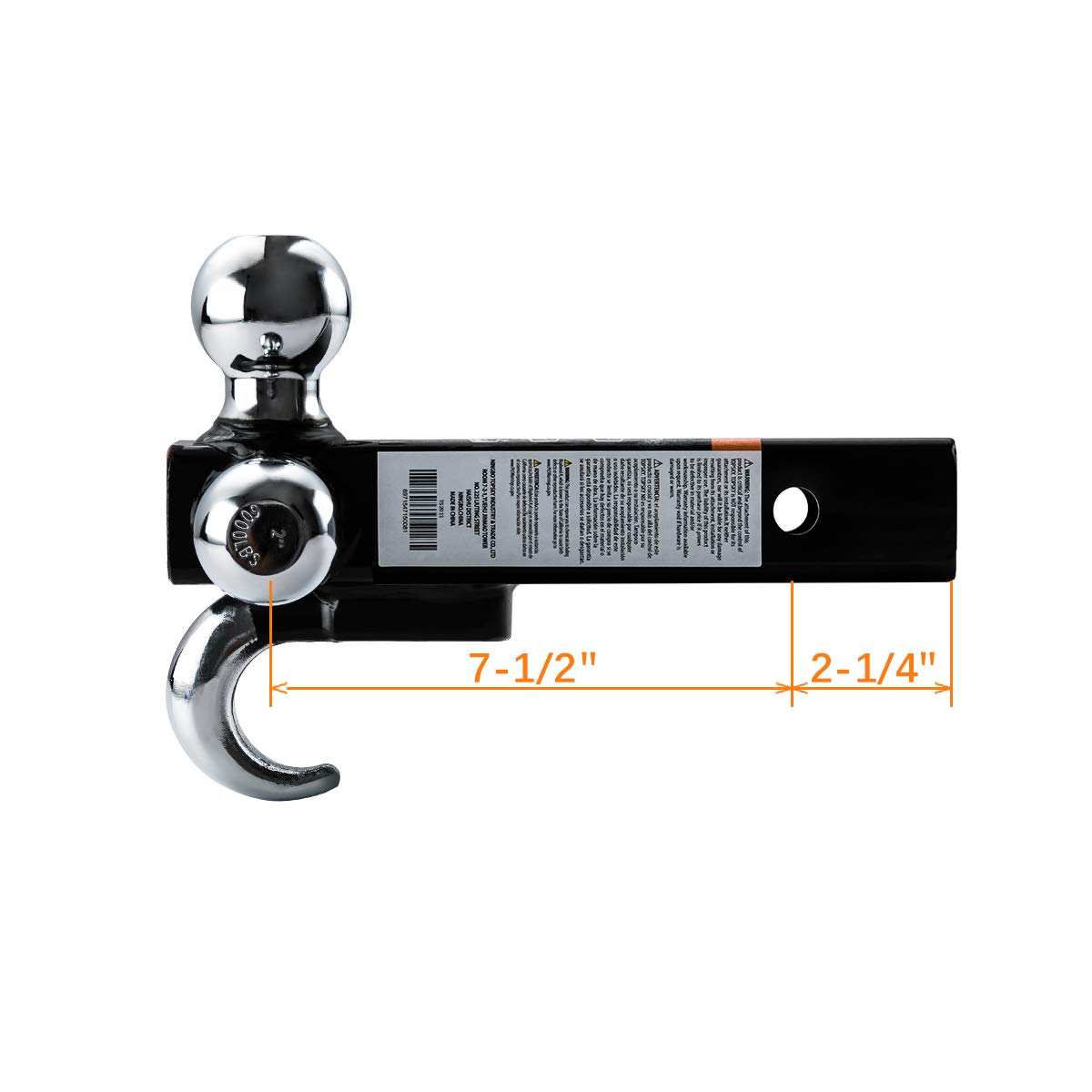 TOPSKY TS2011 Trailer Hitch Tri Ball Mount with Hook, 2 Inch Receiver, Hollow Shank Tow Hitch, Black and Chrome