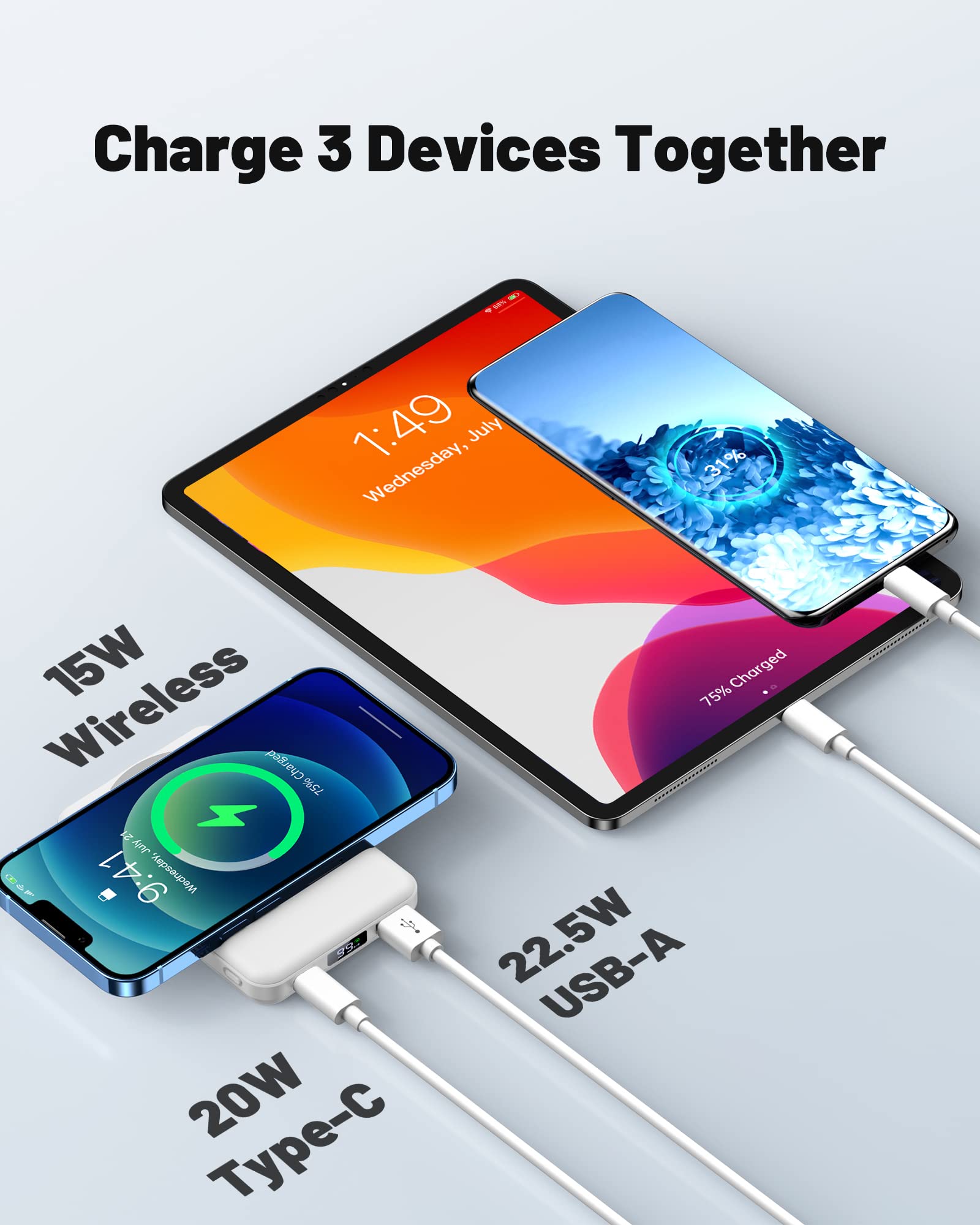 Yiisonger Magnetic Wireless Portable Charger, Foldable 10000mAh Battery Pack with USB-C Cable LED Display, Magnetic Power Bank 22.5W PD Fast Charging for iPhone 15/14/13/12/Pro/Mini/Pro Max(White)