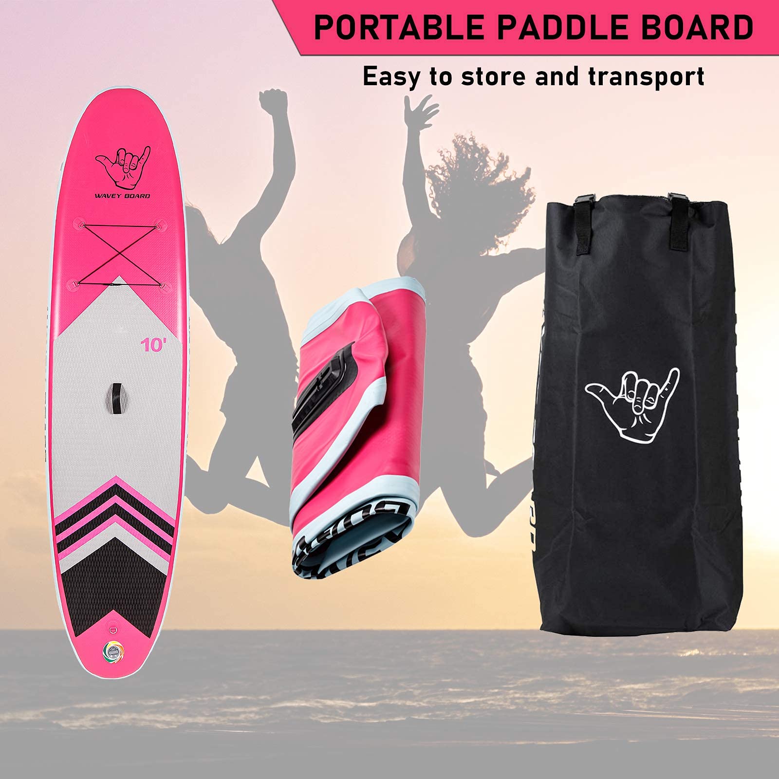 WAVEY BOARD Inflatable 10' Stand Up Paddle Board for Adult Premium SUP Blow up Paddle Board for Youth Kids (6" Thick) with ISUP Accessories Backpack Bag, Pump, Adjustable Paddle, Pink