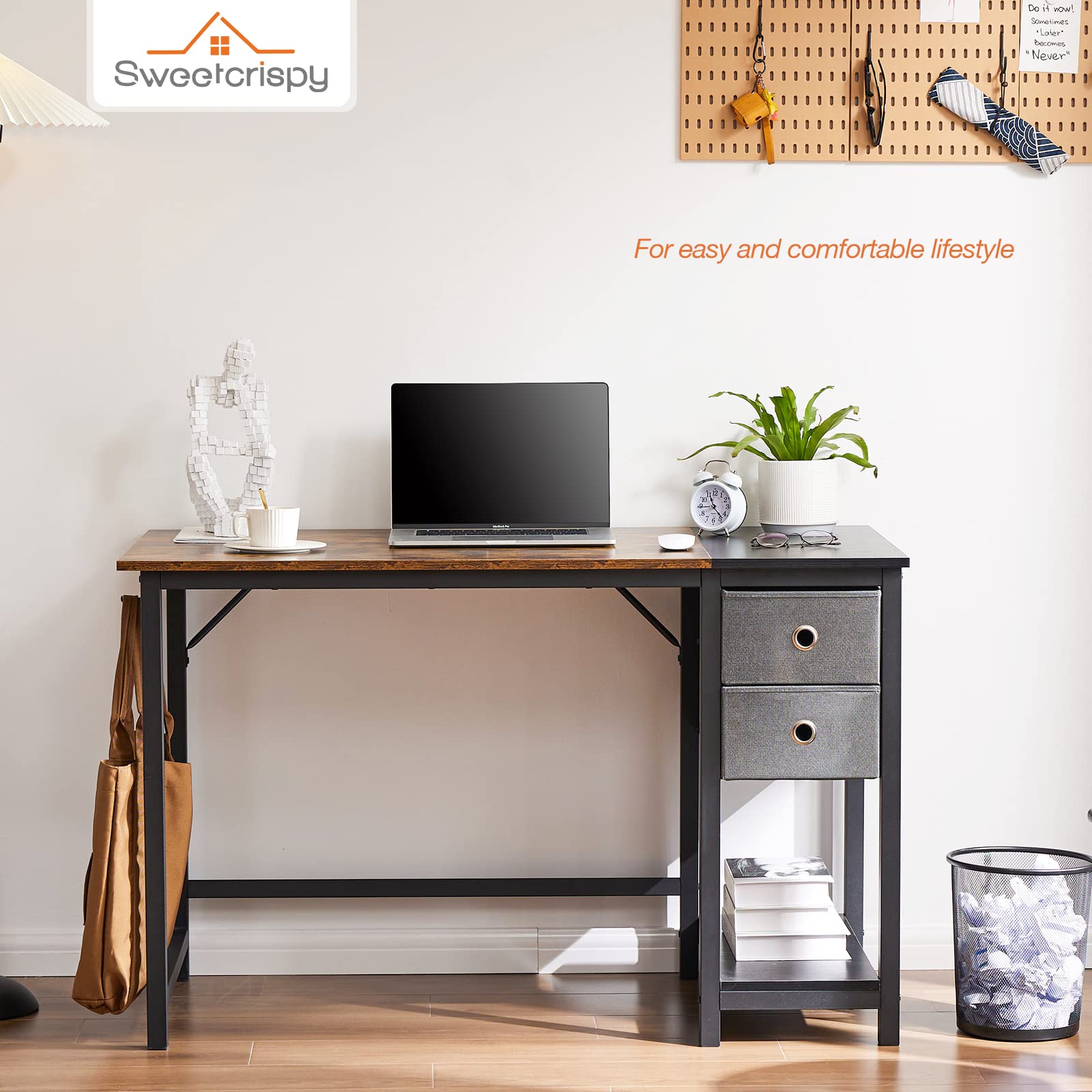 Sweetcrispy Desk with Drawer, 47", 2 Tier Drawers, Headphone Hook - Gaming & Mesh Office Chair, Lumbar Support, Armless - Black