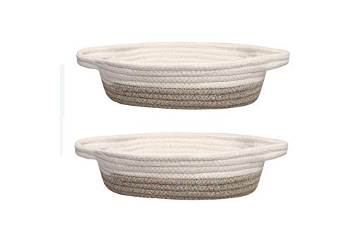 YUKIMOCOO 2 Pack Small Woven Basket, Home Decor Basket, Small Gift Basket, Desk Basket for Jewellery&Keys, Cute Rope Baskets, Small Toy Storage Basket (Grey Camel Mix&White - Hemp Rope)