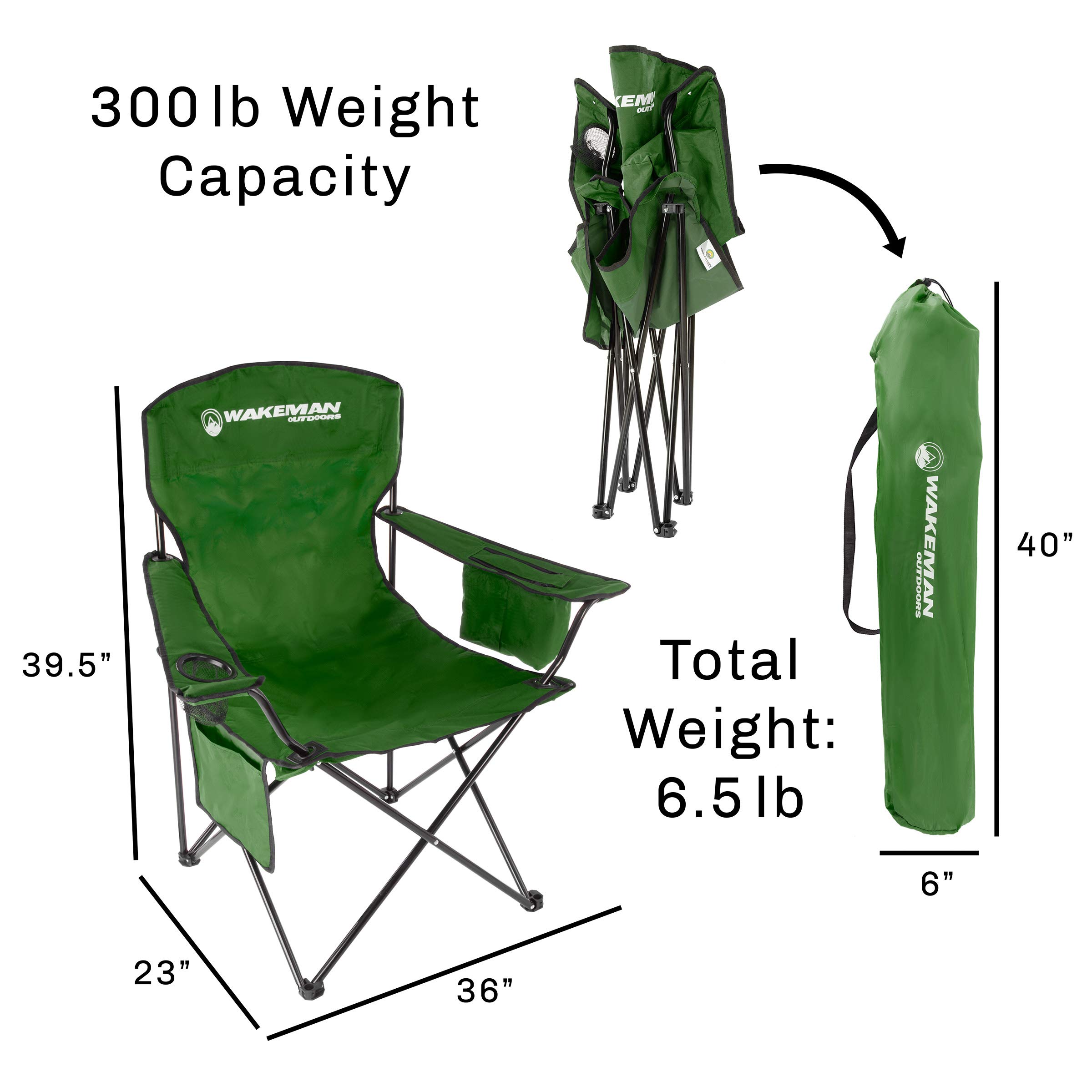 Wakeman Oversized Camp Chair-300lb Capacity Big Tall Quad Seat with Cup Holder, Cooler, Carry Bag for Tailgating, Camping, Fishing Outdoors (Green) (75-CMP1052)
