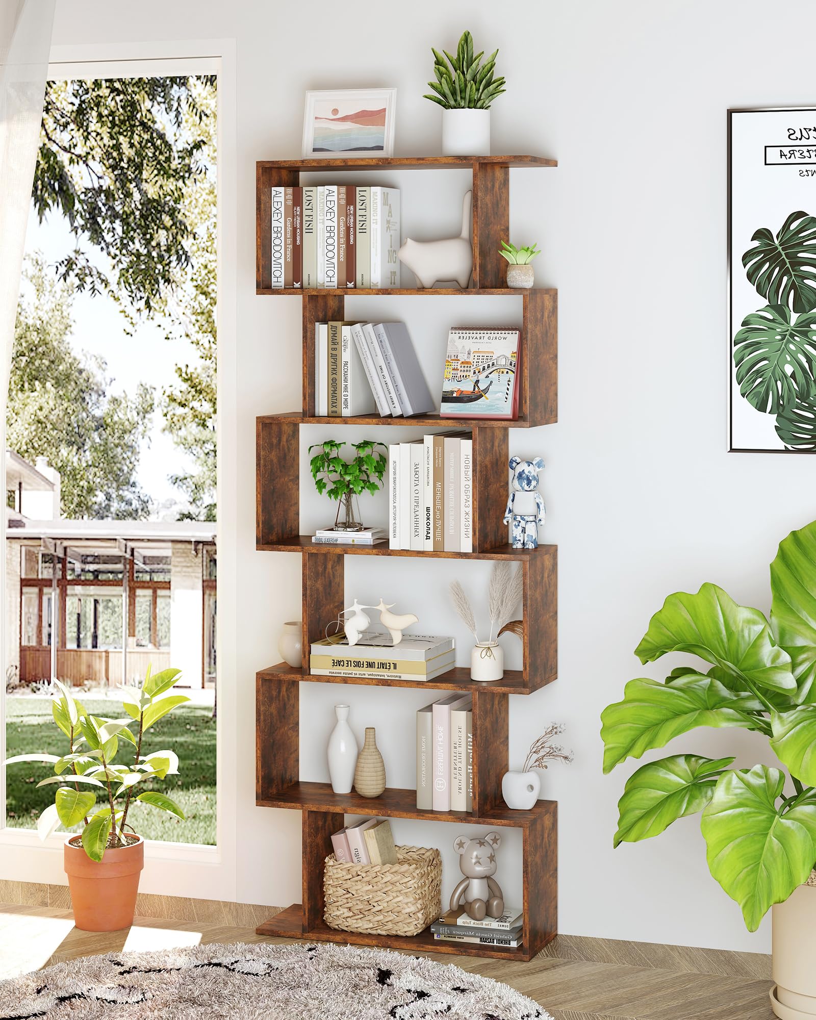 Yusong Geometric Bookcase, Bookshelf 6-Tier S Shaped Book Shelves for Bedroom, Modern Wood Decorative Display Shelf Tall Book Case for Home Office, Rustic Brown