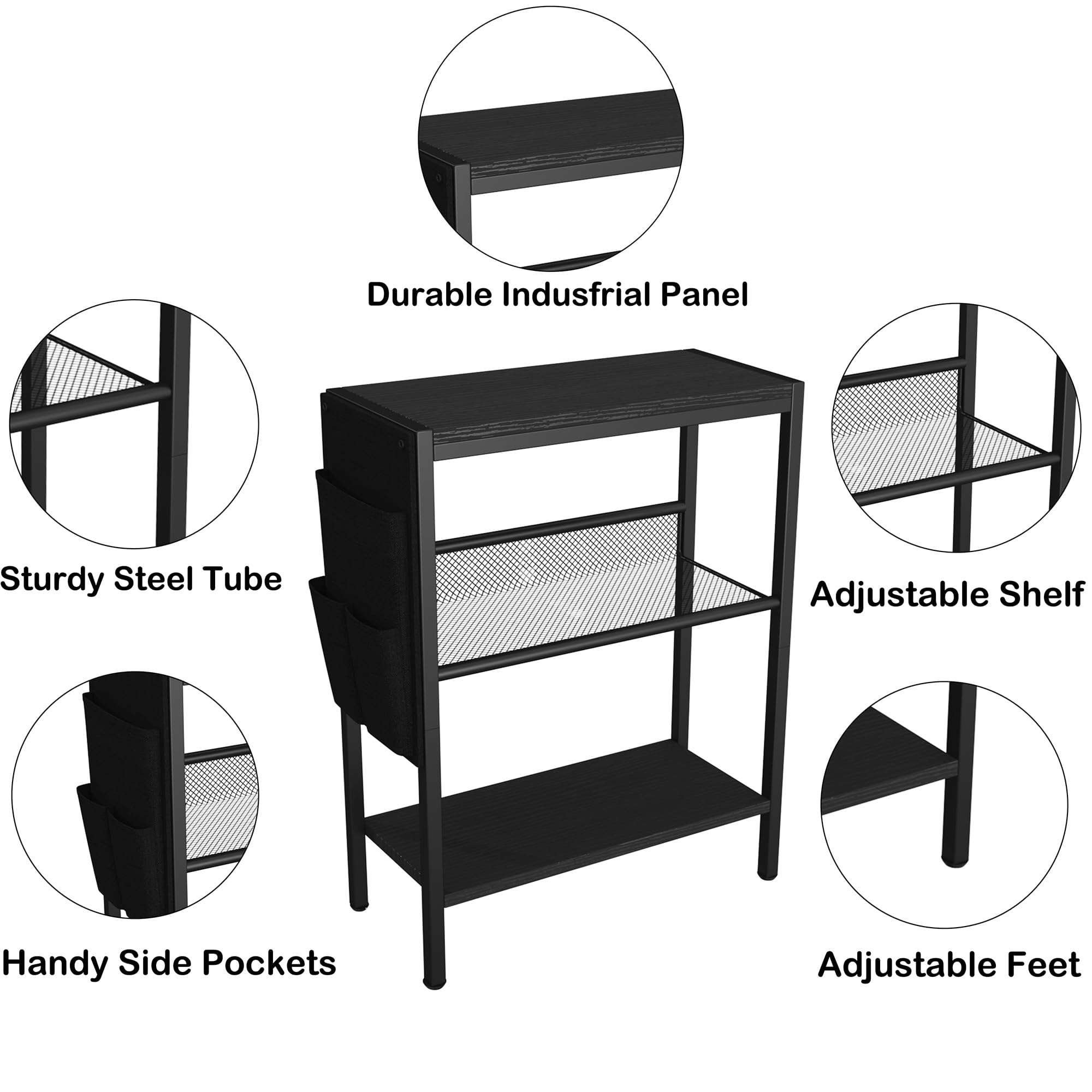 Yusong Small Narrow Side Table for Small Spaces, Slim End Table with Storage Bag, Sofa Snack Table with Adjustable Metal Mesh, 2 Tier Accent Skinny Beside Table for Living Room & Bedroom, Brown